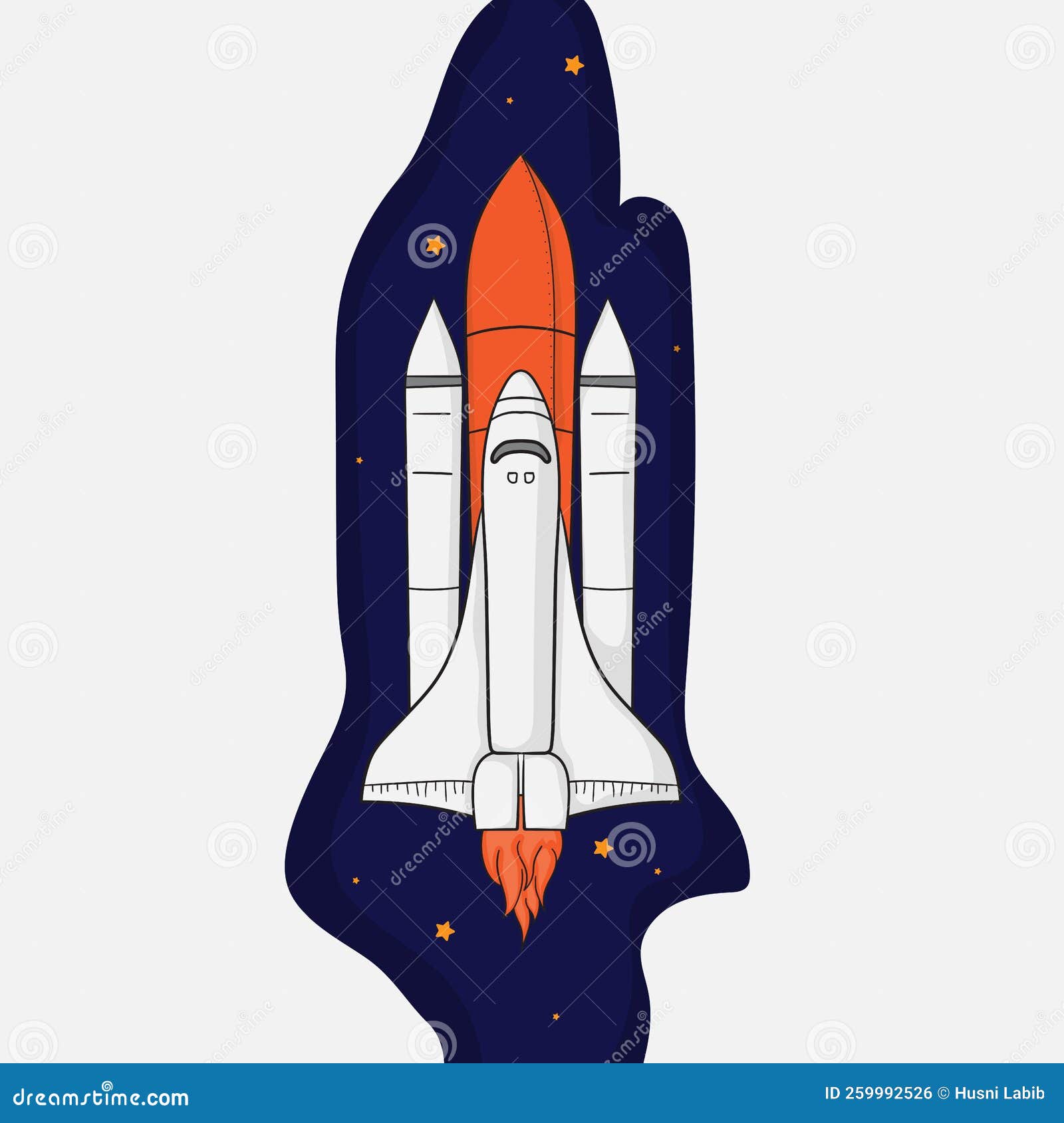 Flying Space Shuttle in Cartoon Design with Blue and White Background ...