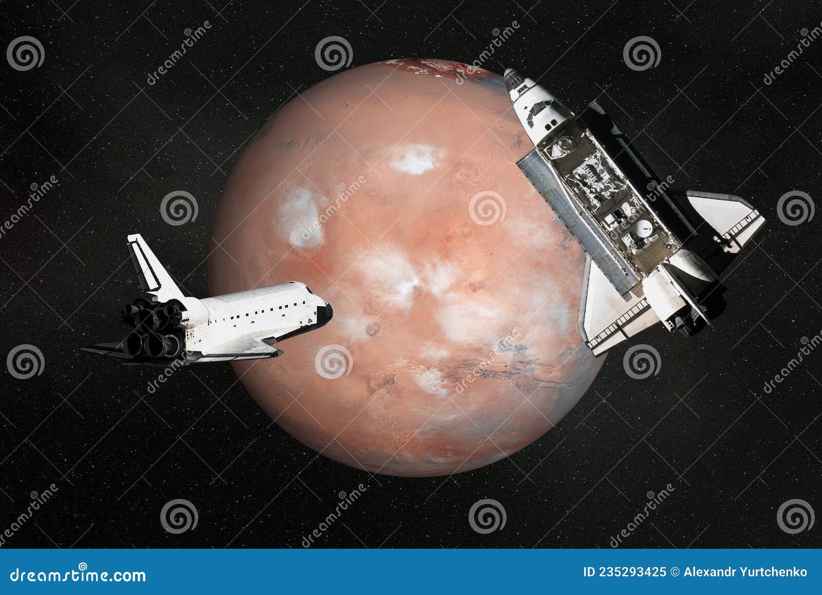 Flying Space Shuttles Close To the Mars Planet of Solar System Stock ...