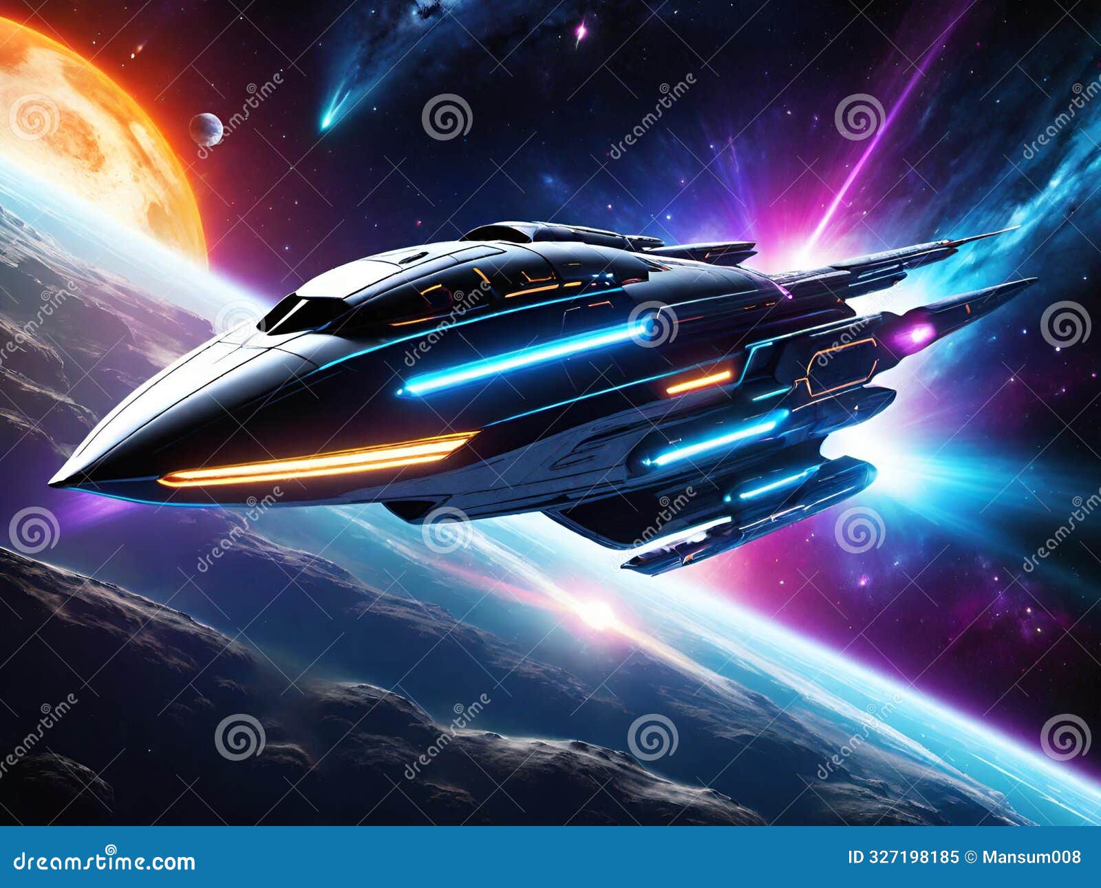 Flying Space Spaceship with Space Ship on the Background of the Planet ...