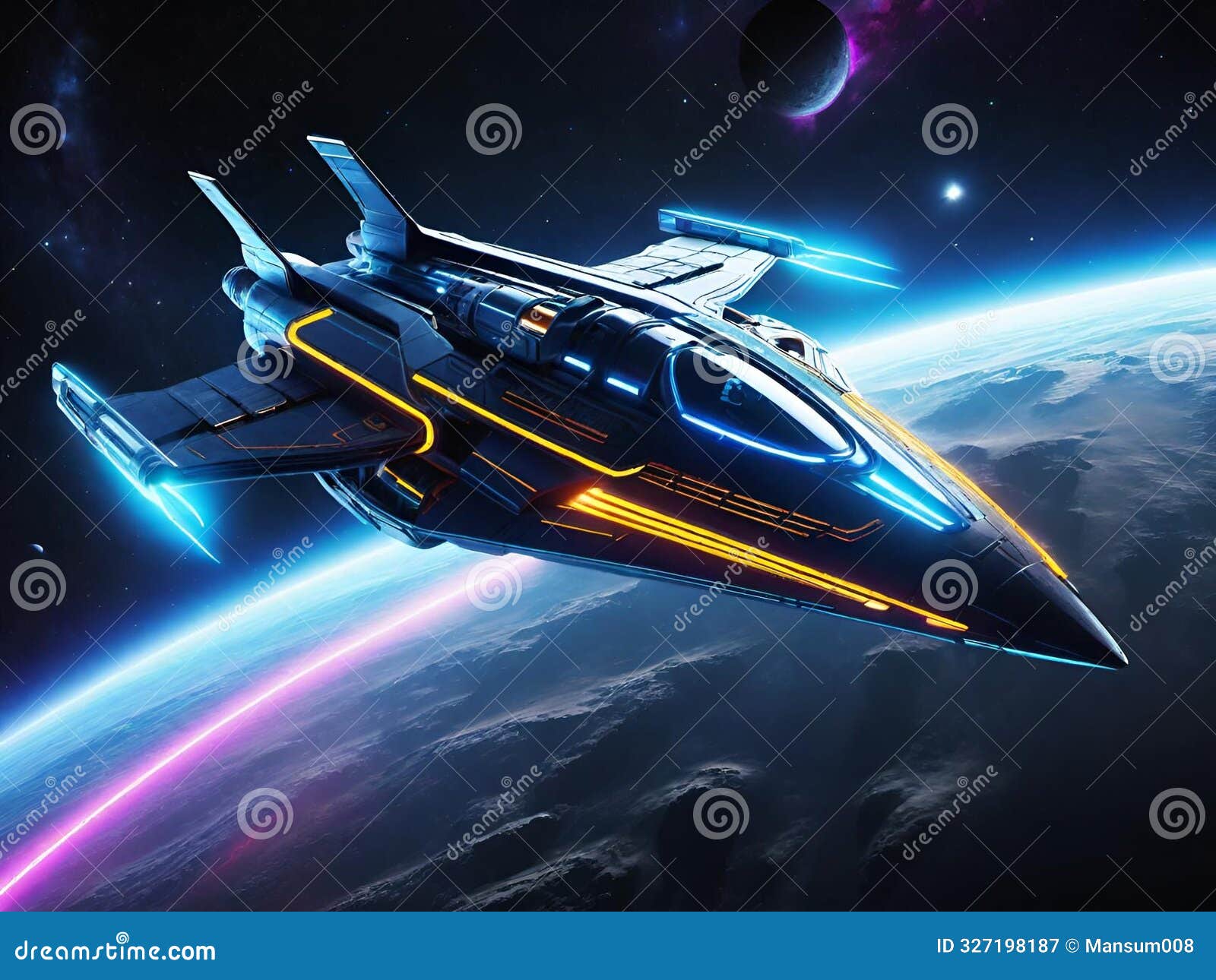 Flying Space Spaceship with Space Ship on the Background of the Planet ...