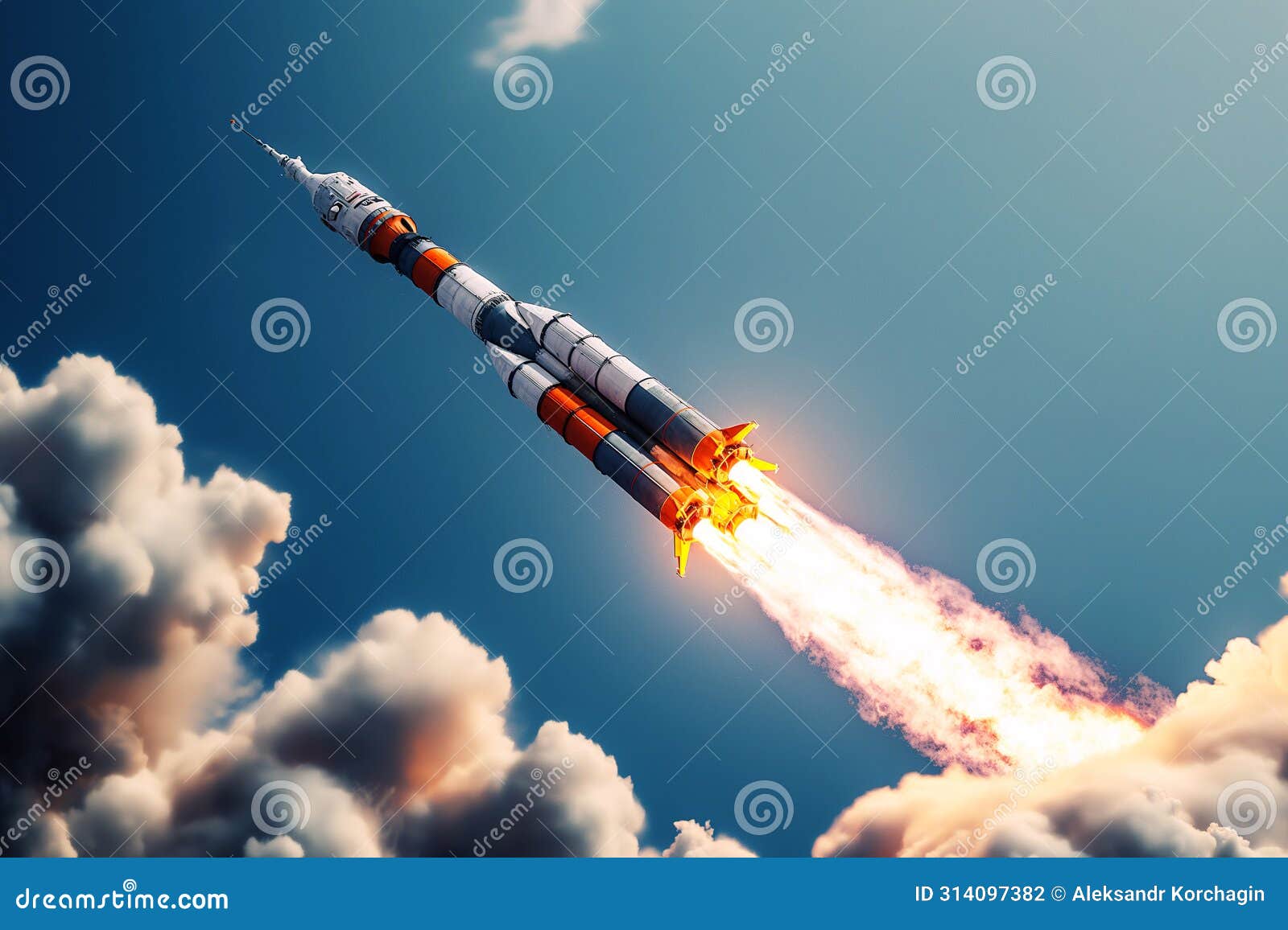 Flying Spaceship Rocket on Blue Sky Background Stock Photo - Image of ...