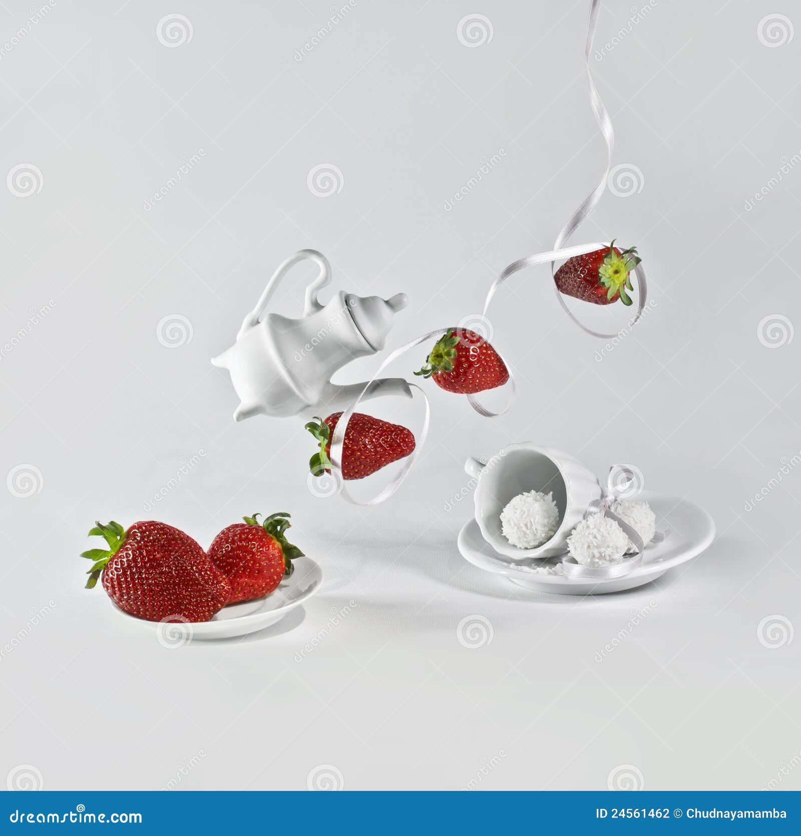 Flying Strawberries with White Ribbon. Stock Photo - Image of product ...
