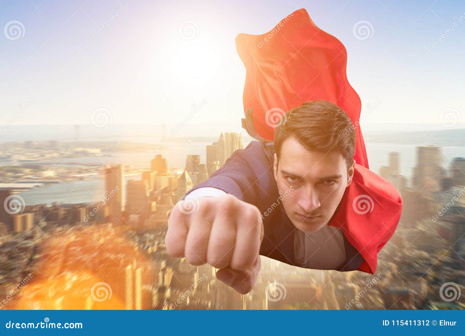 The Flying Super Hero Over the City Stock Photo - Image of macho ...