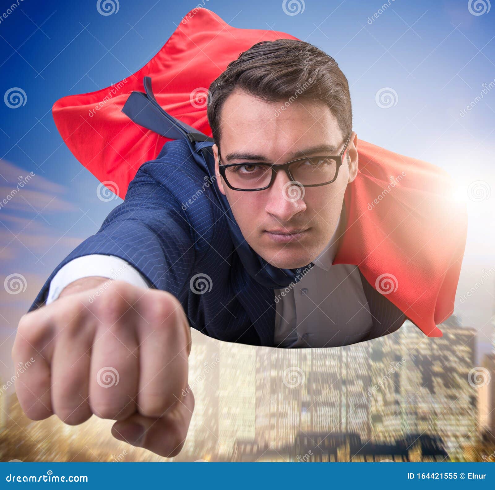 The Flying Super Hero Over the City Stock Image - Image of leader ...