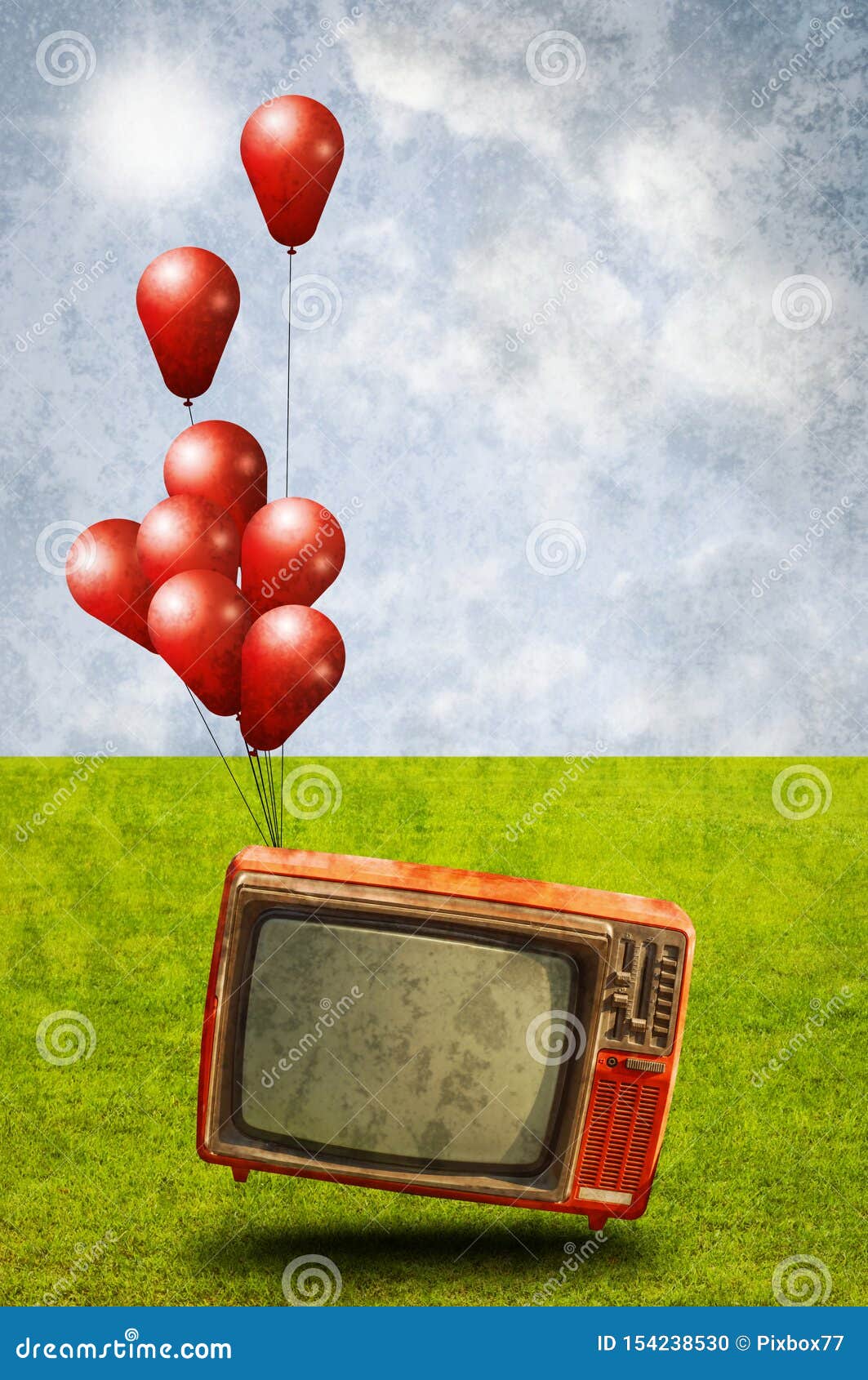 Flying Television with Balloons Stock Photo - Image of gift, display ...