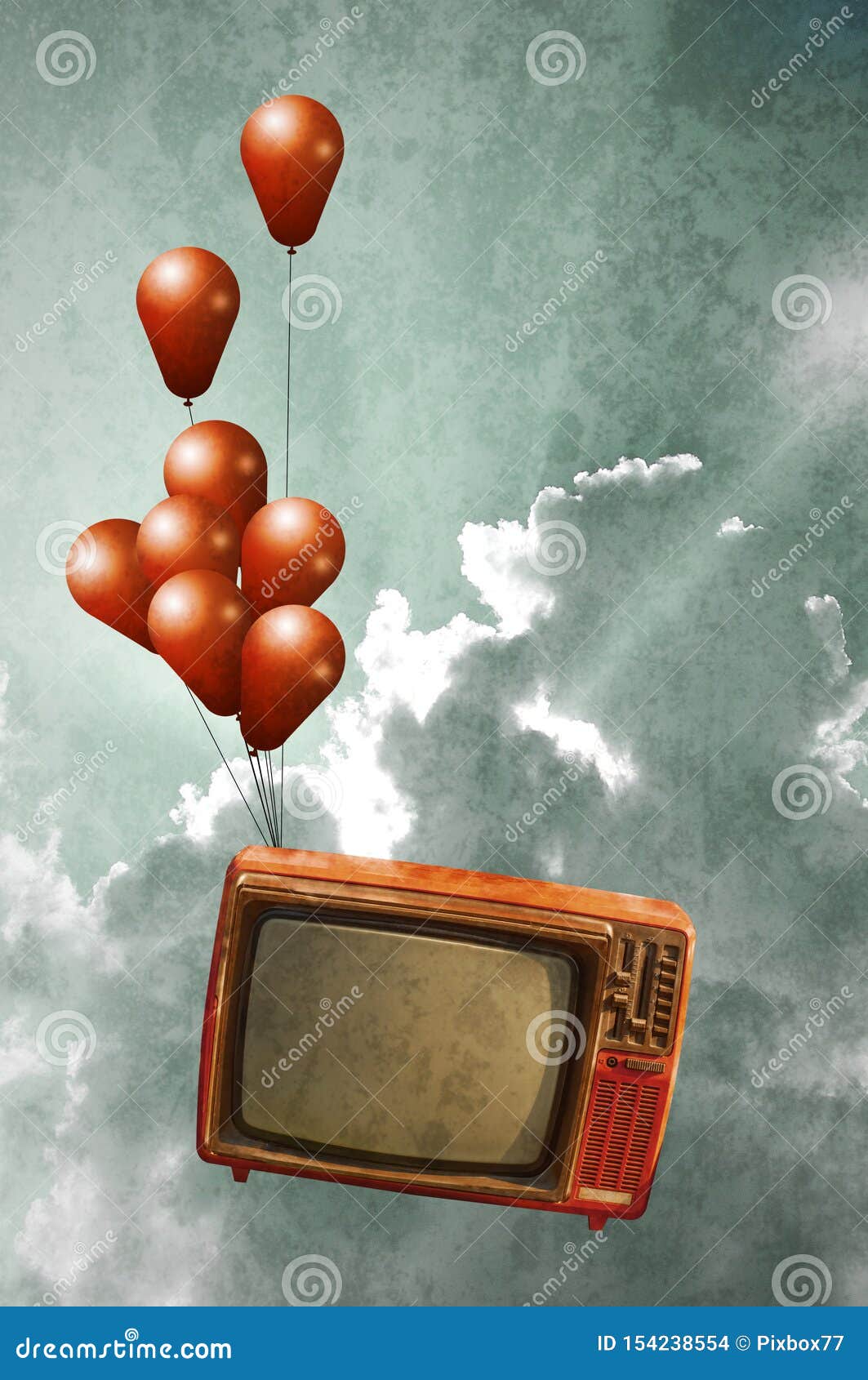 Flying Television in Sky with Vintage Colour Stock Photo - Image of ...