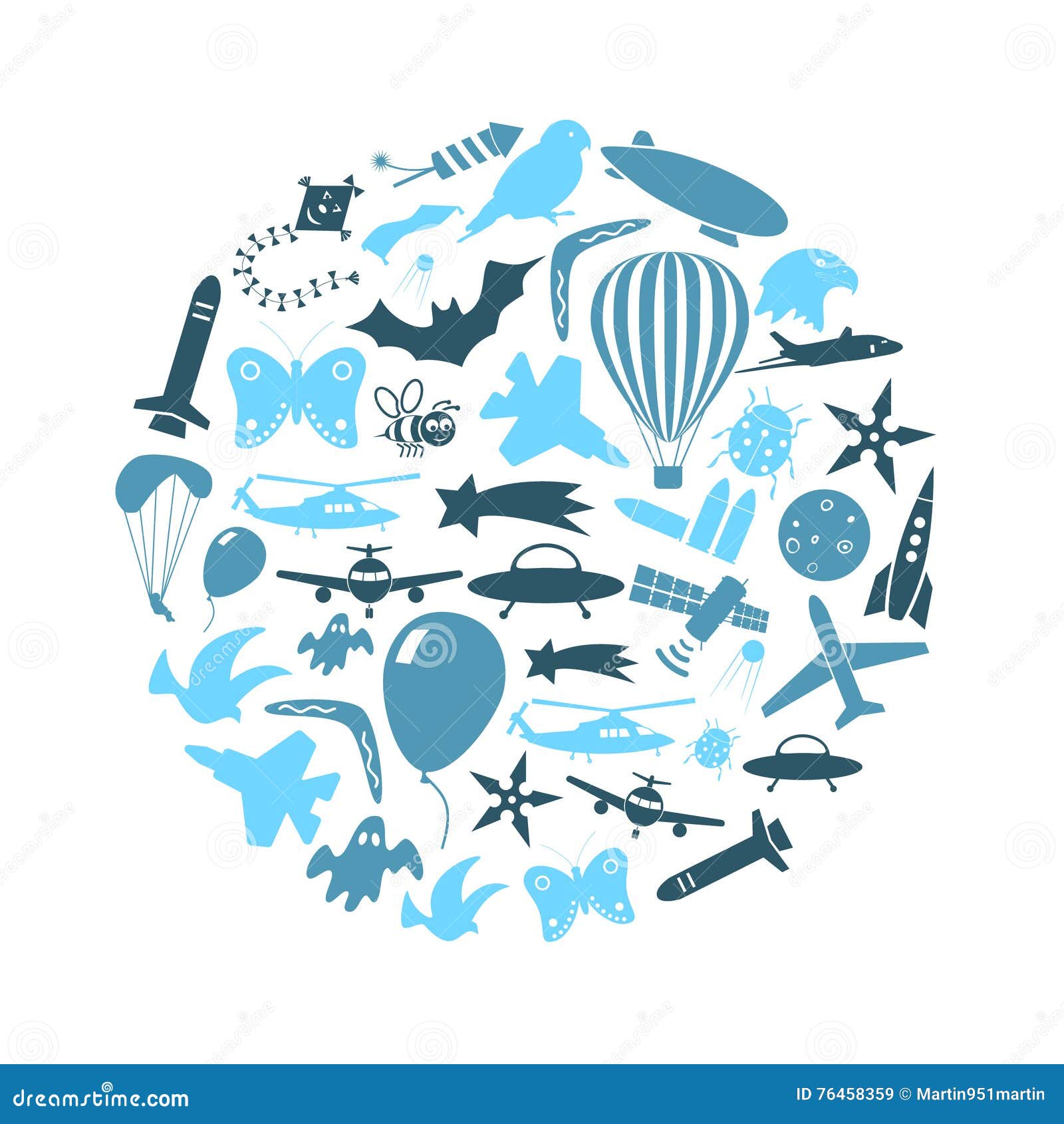 Flying Theme Blue Symbols and Icons Set in Circle Eps10 Stock Vector ...