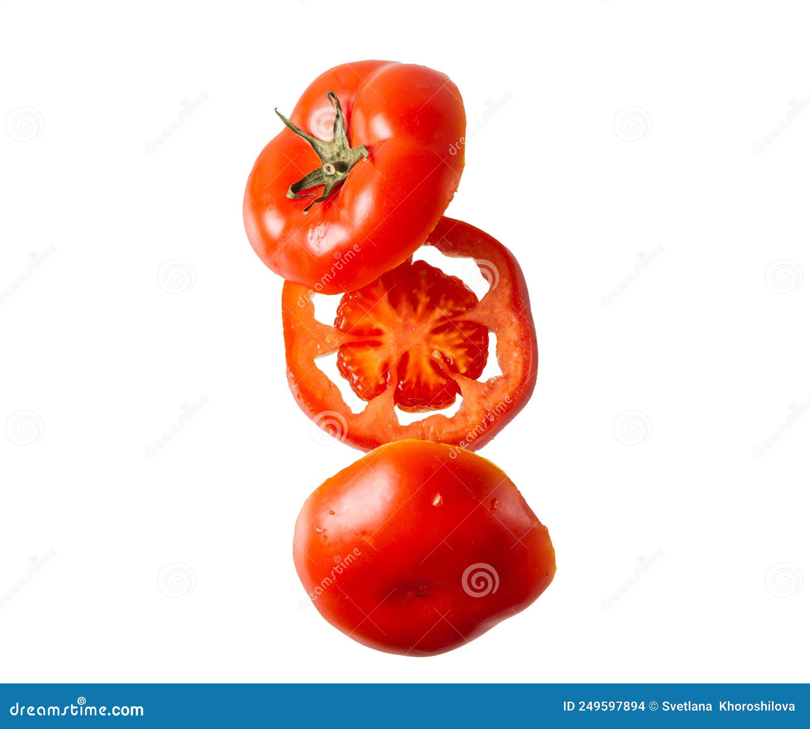 Flying Tomato Slices on a White Background. Levitation of Fresh Red ...