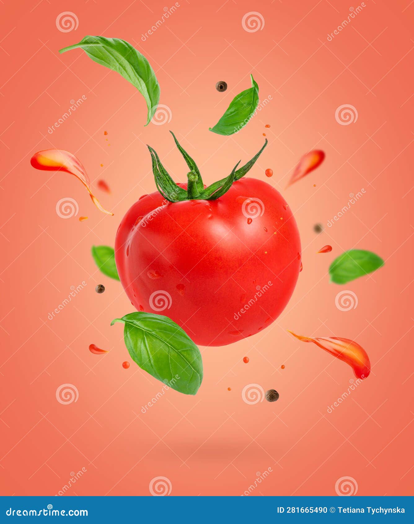 Flying Tomato with Splashes and Basil Leaves on Red Background. Stock ...