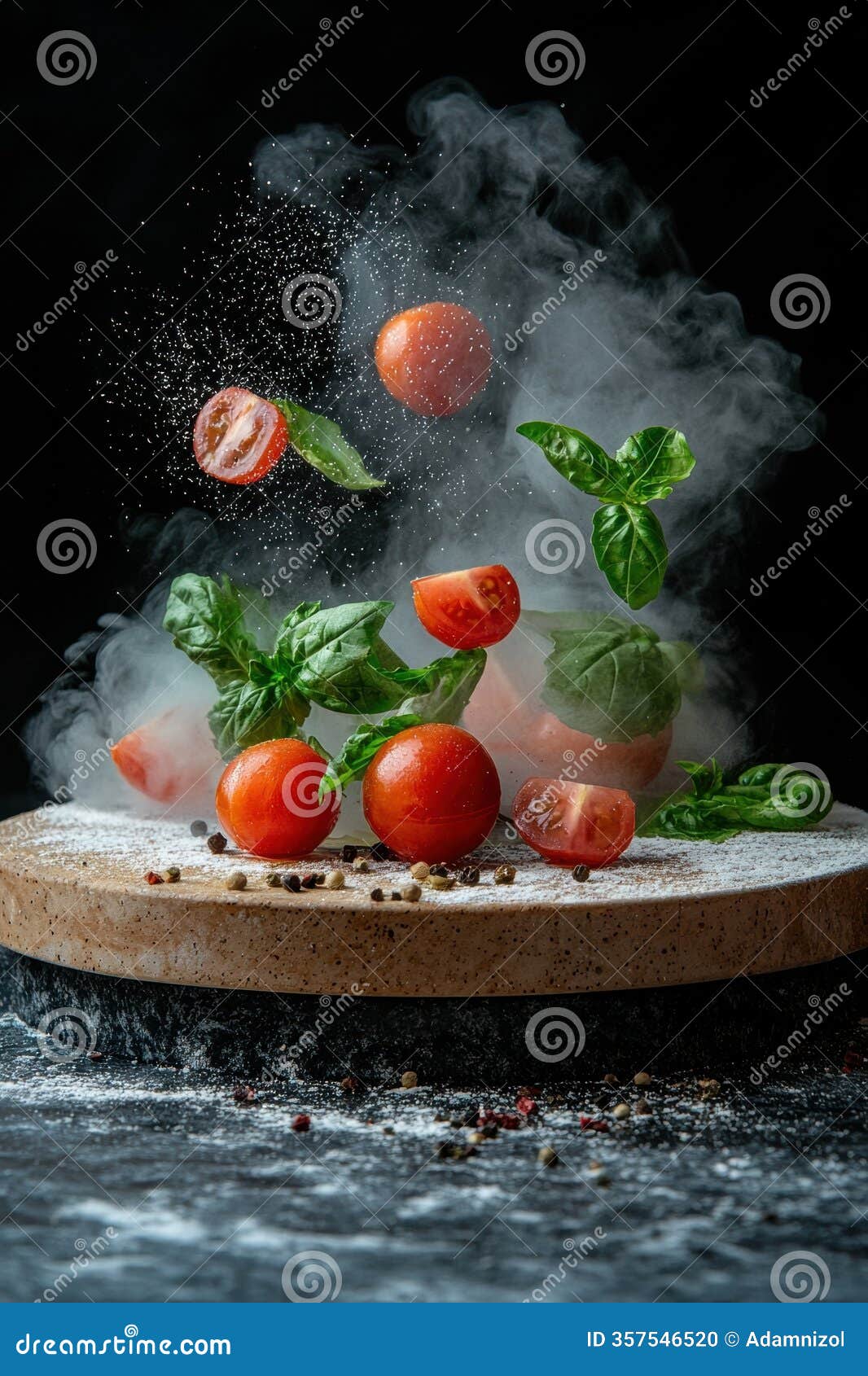 Flying Tomatoes and Basil Leaves with Smoke Effect Stock Illustration ...