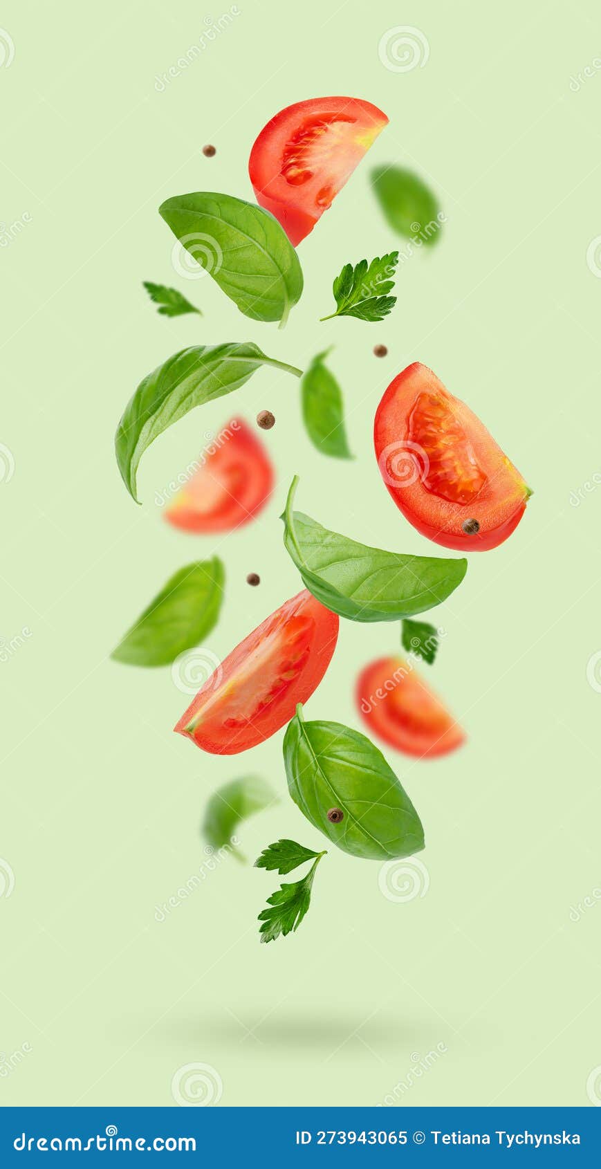 Flying Tomatoes, Parsley and Basil Leaves on Green Background. Vertical ...