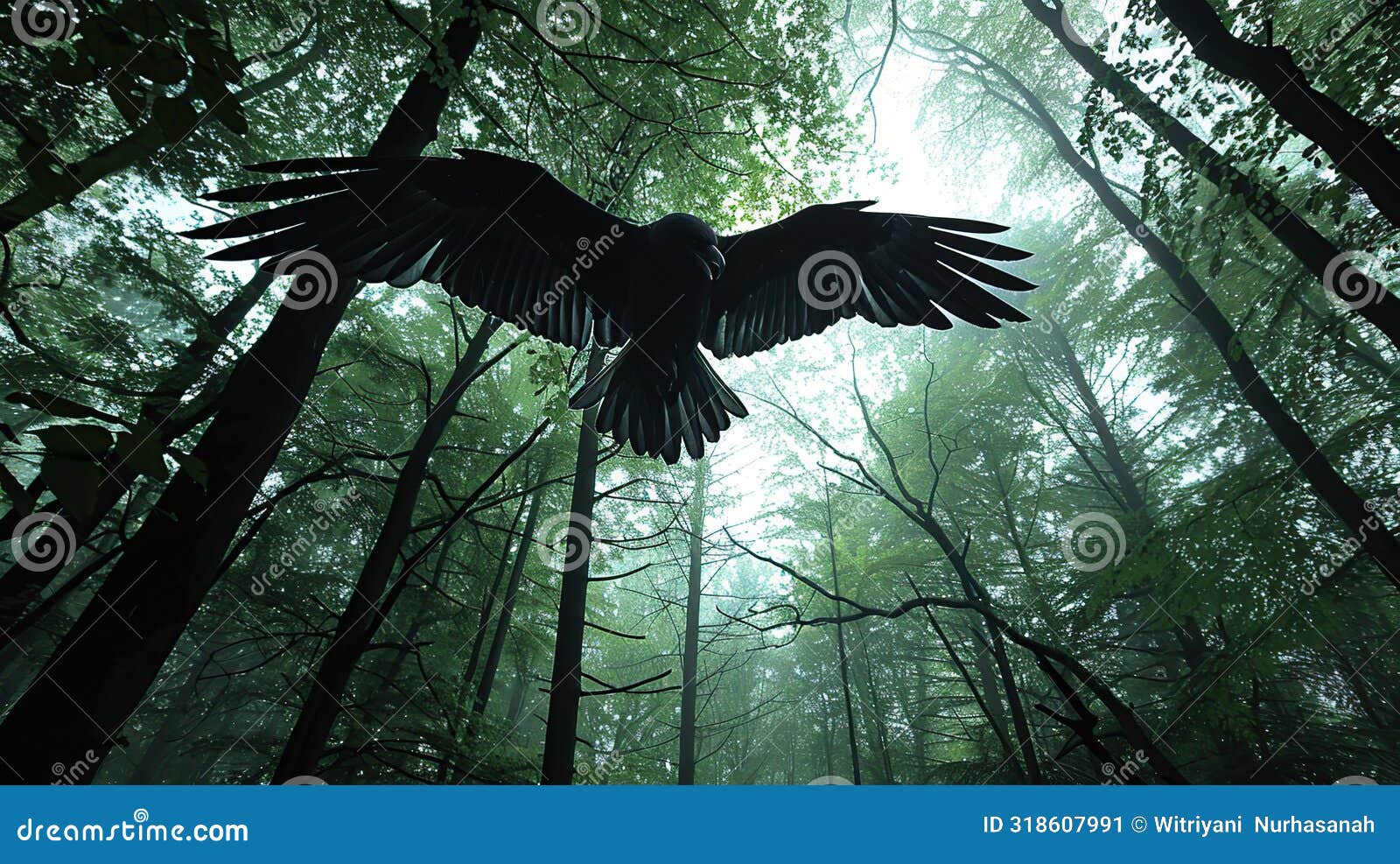Flying between the Trees in the Forest with Outstretched Wings ...