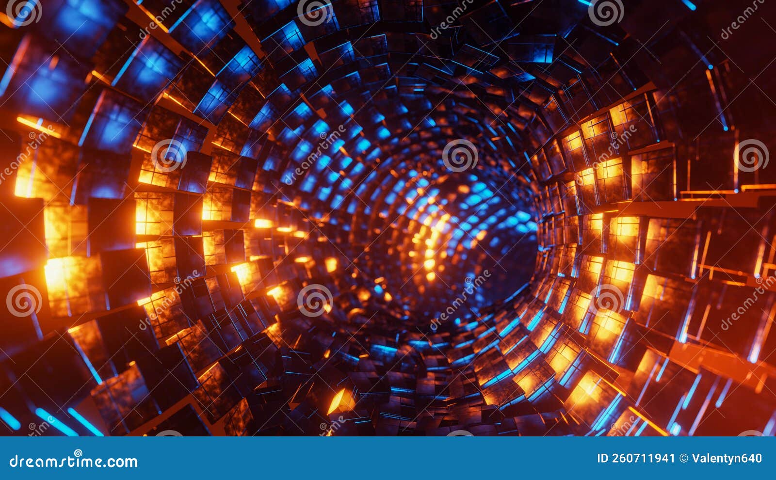 Flying Through A Tunnel Of Blue And Orange Metal Cubes 3d Rendering