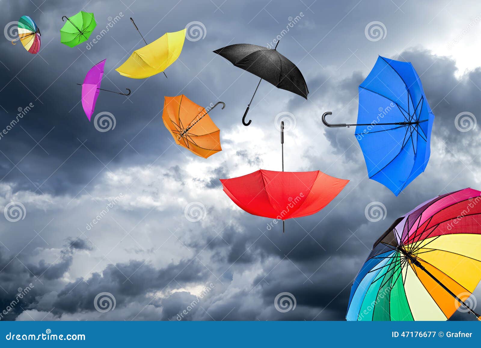 Flying umbrellas stock image. Image of cloud, dark, life - 47176677