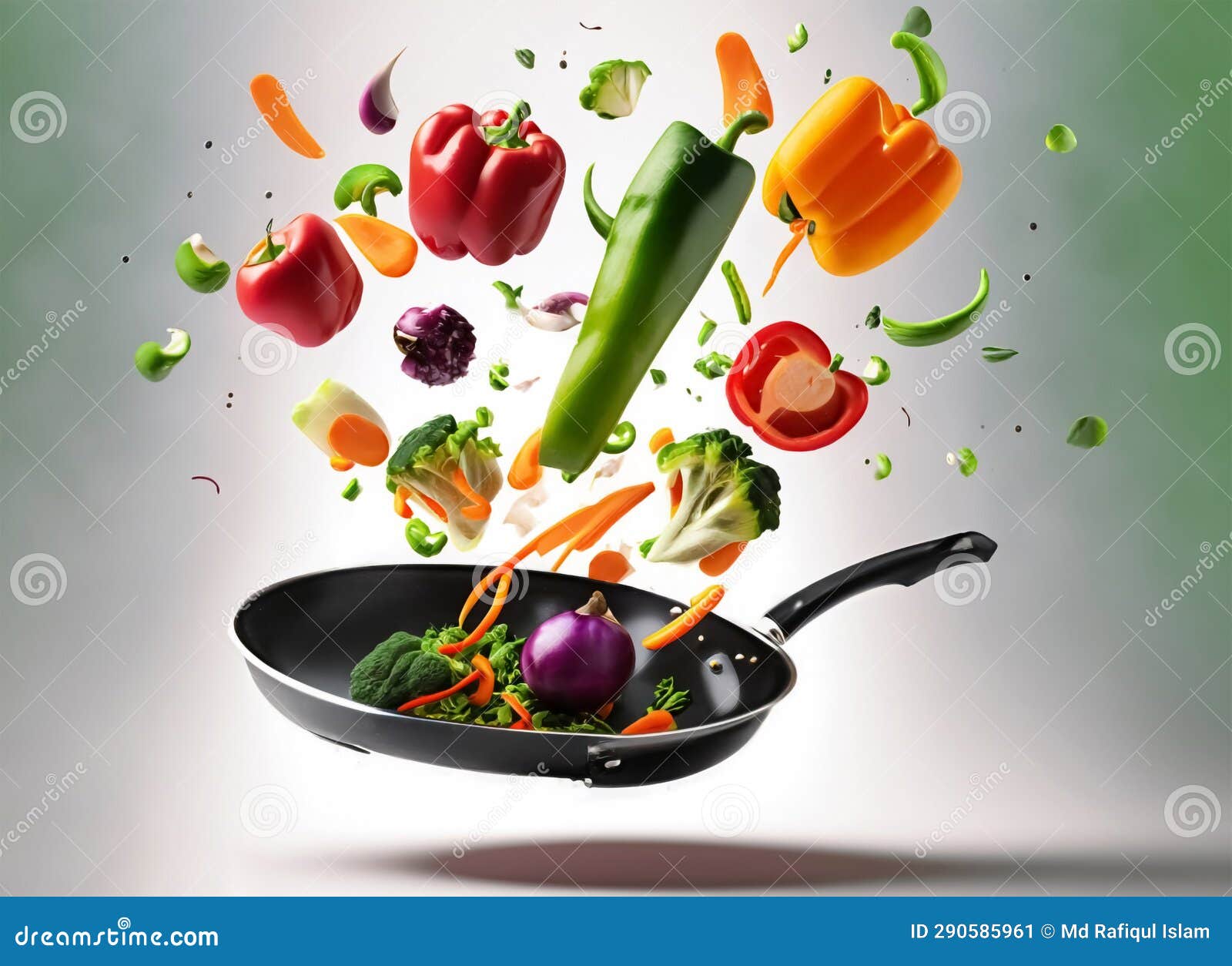 Flying Vegetables in a Pan with Flying Ingredients, 3d Rendering ...