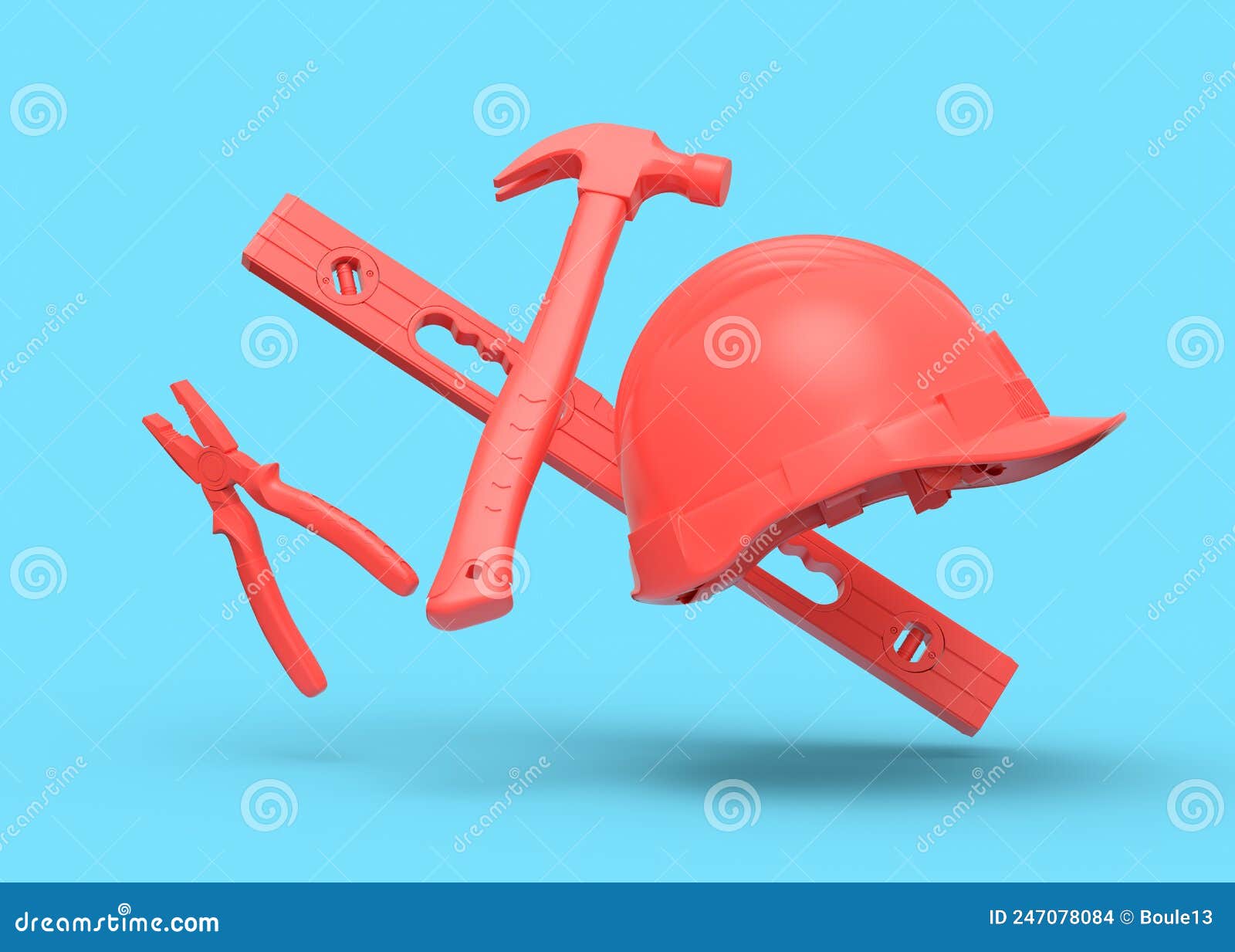 Flying View of Red Construction Tools for Repair on Blue Background ...