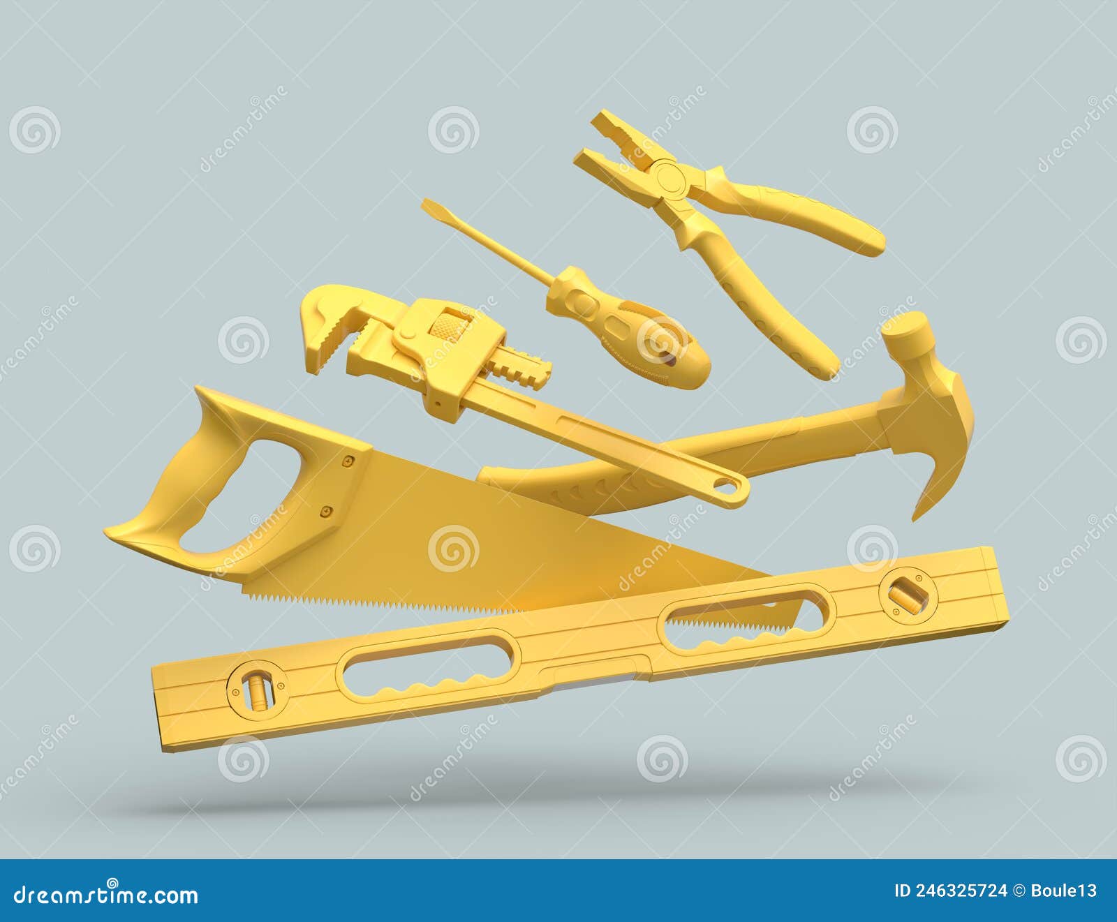 Flying View of Yellow Construction Tools for Repair on Grey Background ...