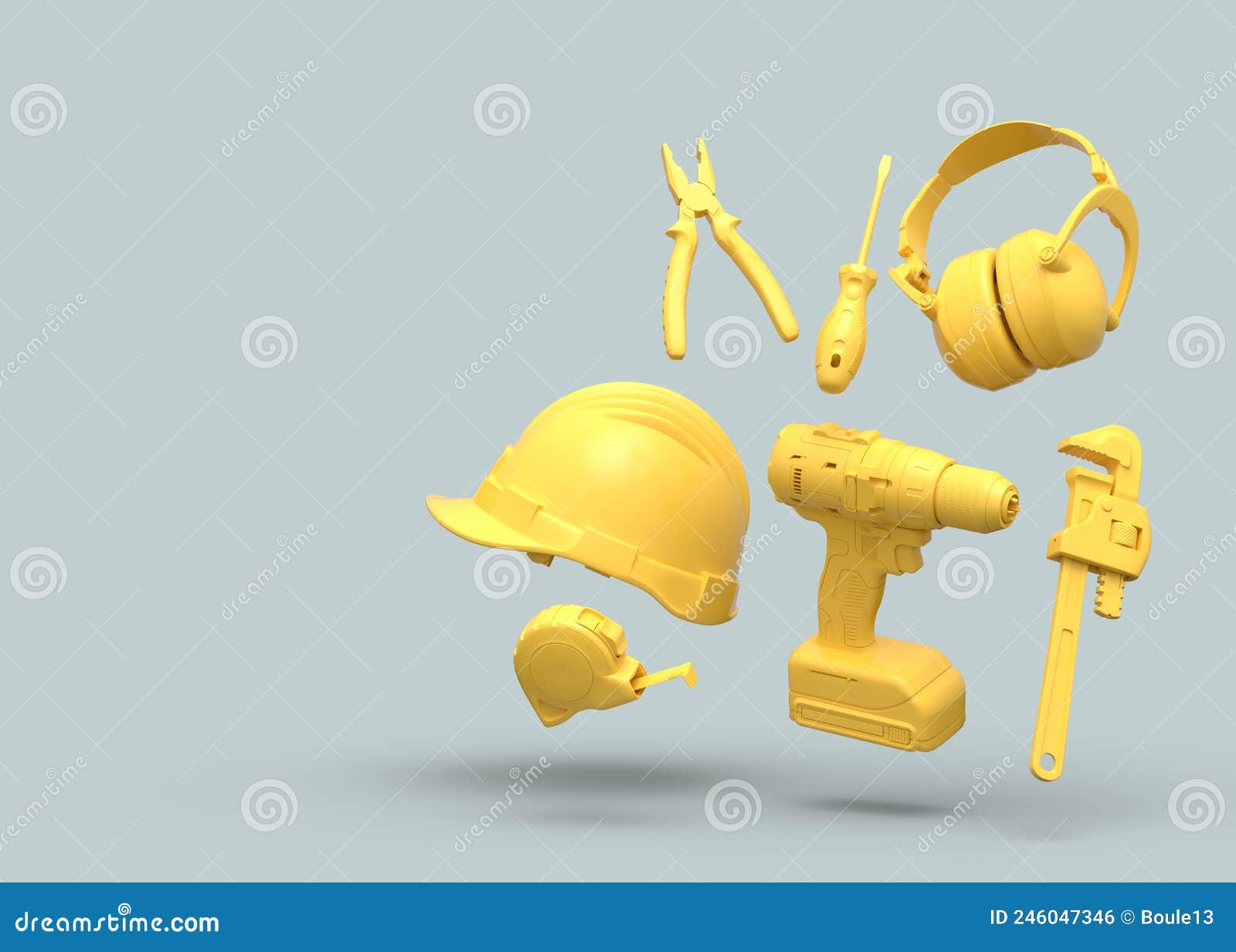 Flying View of Yellow Construction Tools for Repair on Grey Background ...