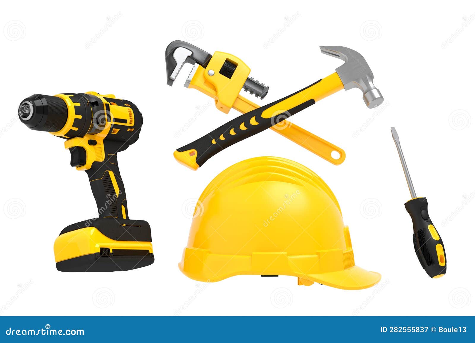 Flying View of Yelllow Construction Tools for Repair on White ...