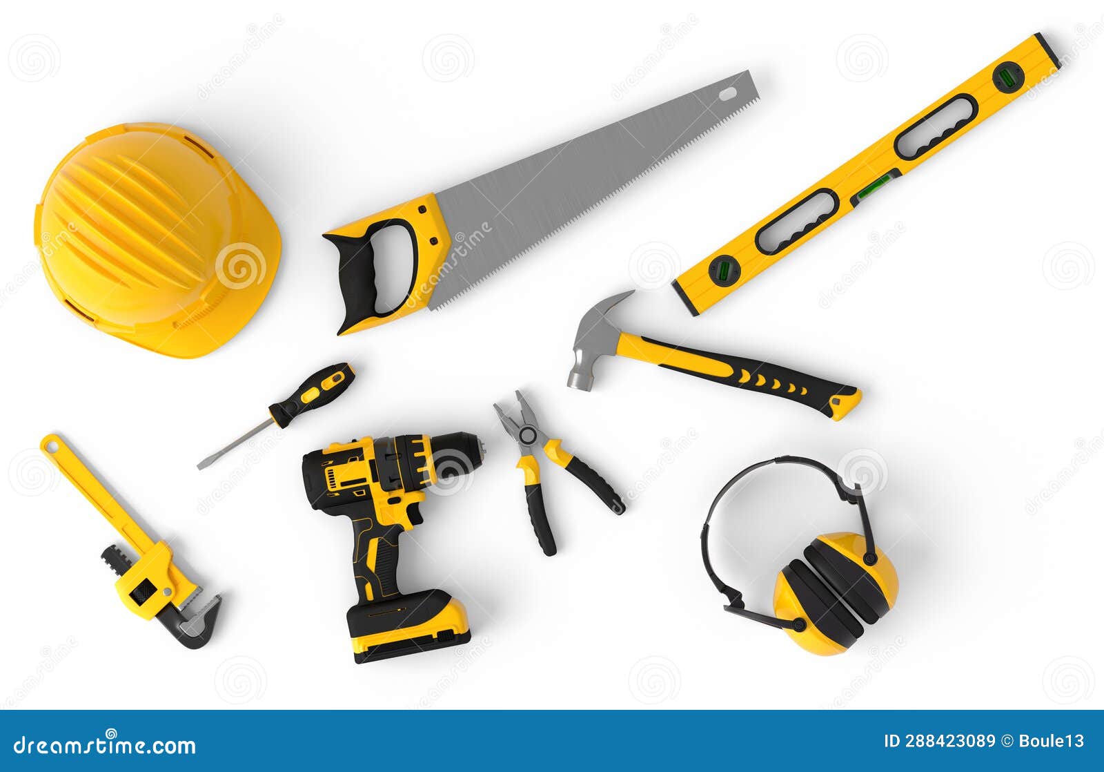 Flying View of Yellow Construction Tools for Repair on White Background ...