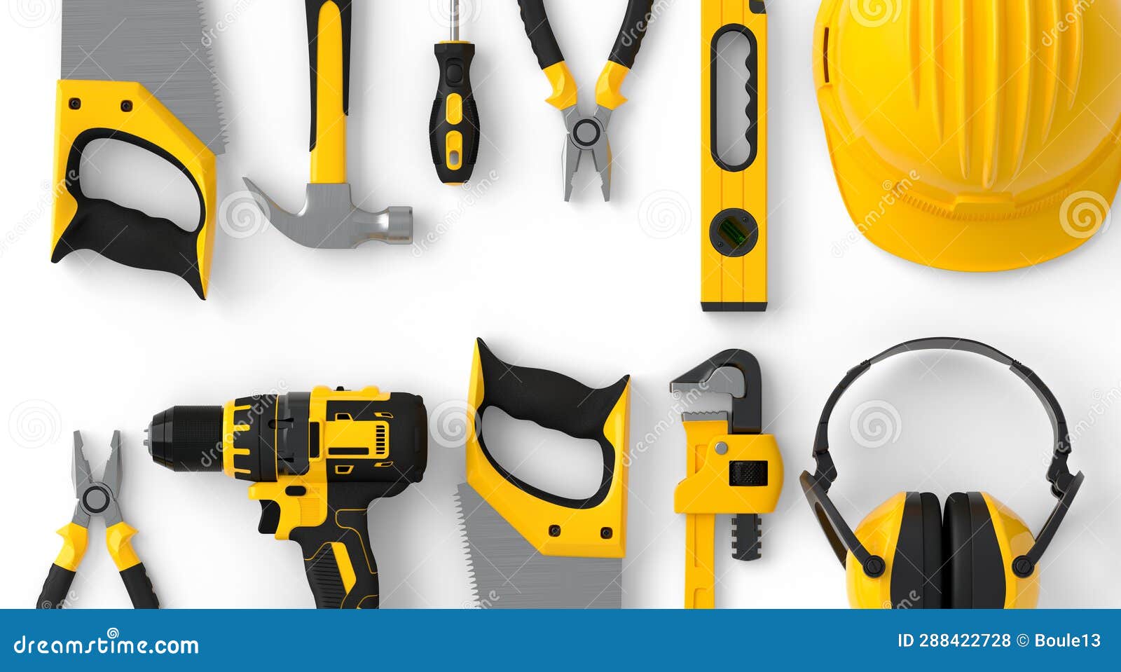 Flying View of Yellow Construction Tools for Repair on White Background ...