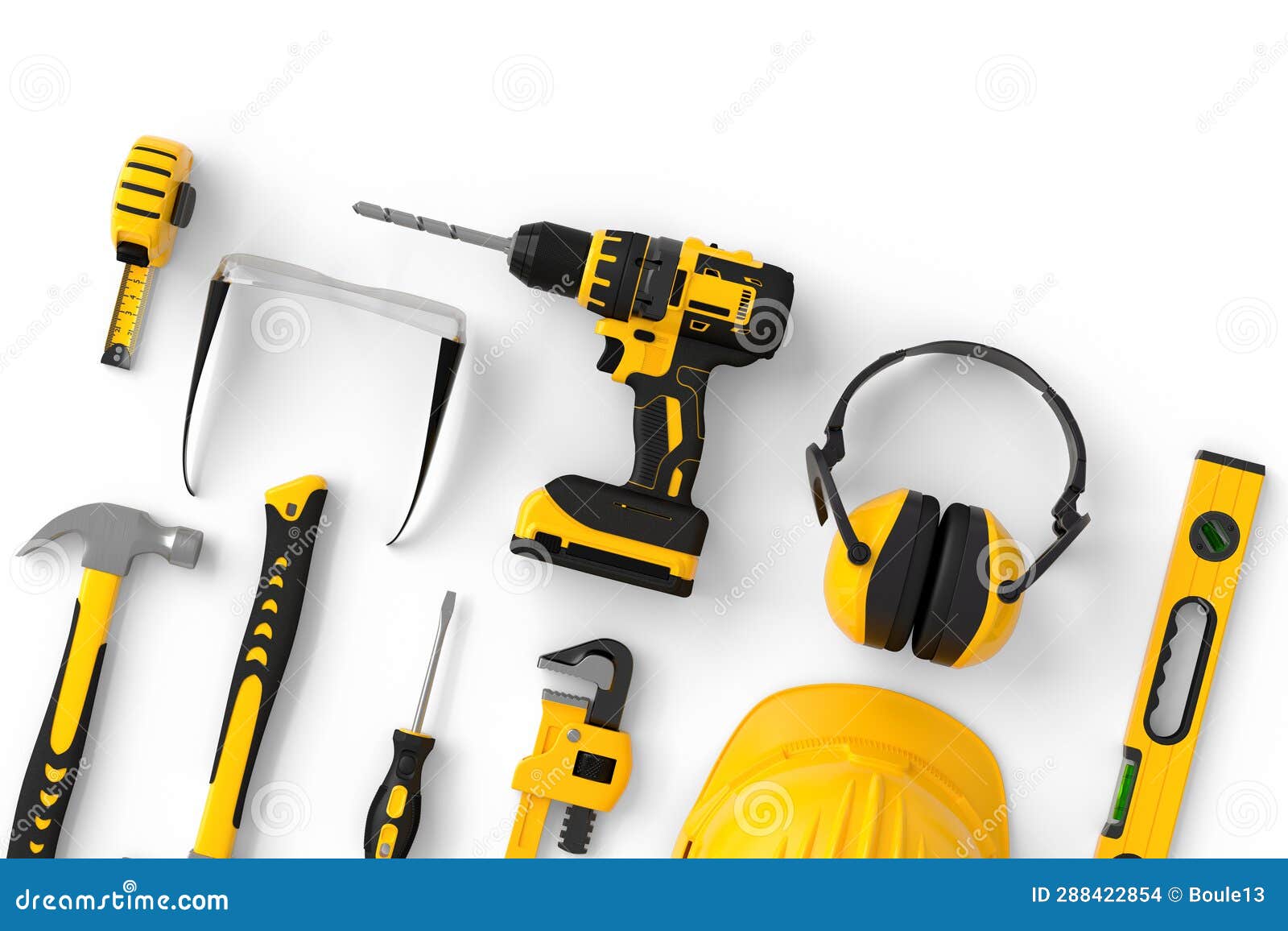Flying View of Yellow Construction Tools for Repair on White Background ...