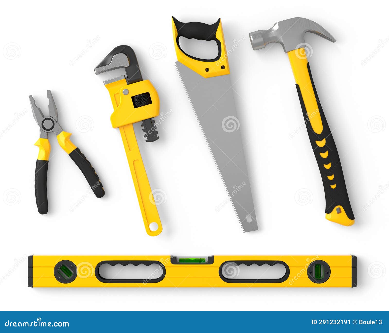 Flying View of Yellow Construction Tools for Repair on White Background ...