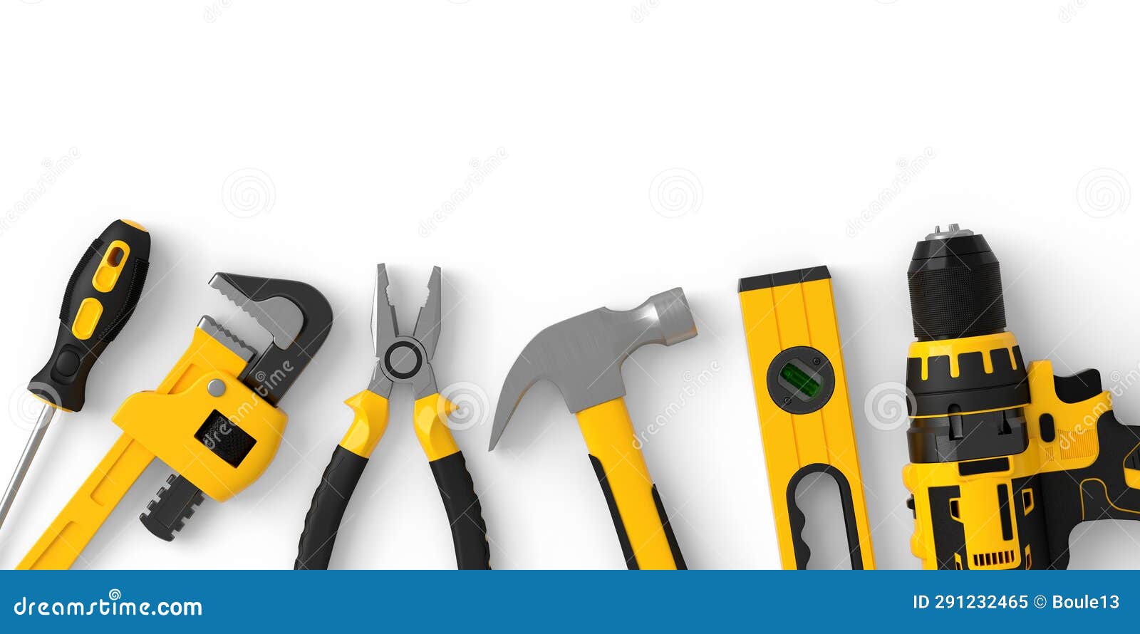 Flying View of Yellow Construction Tools for Repair on White Background ...