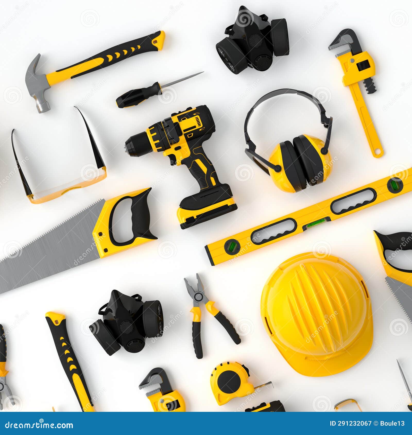 Flying View of Yellow Construction Tools for Repair on White Background ...
