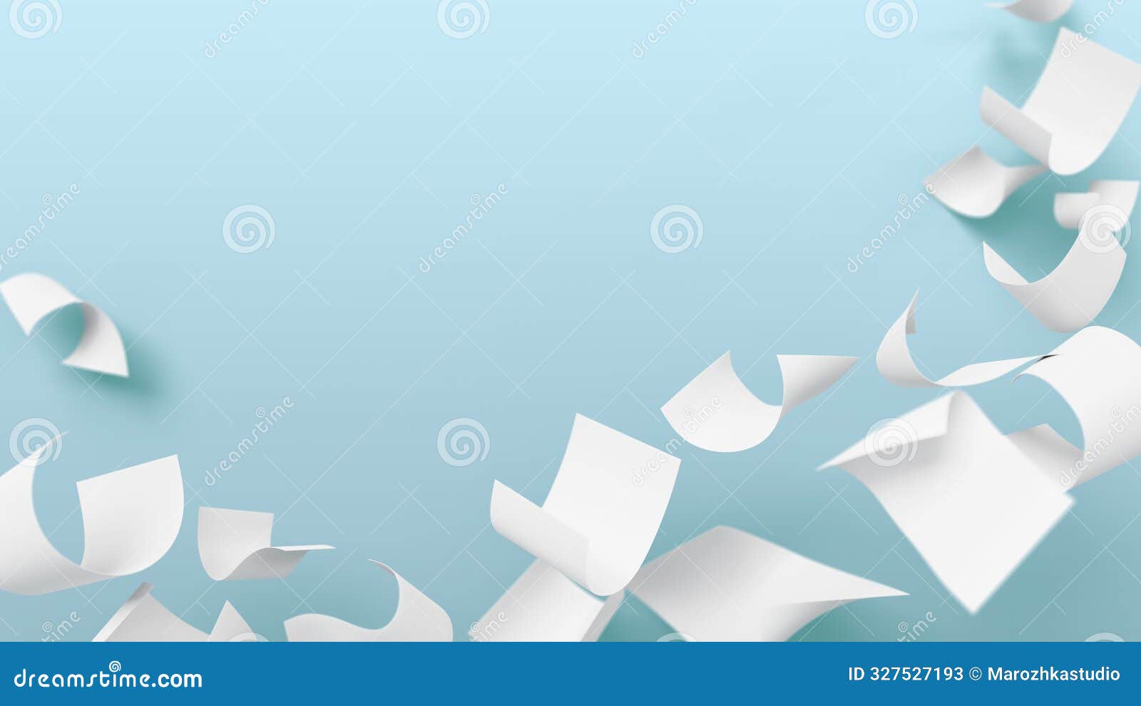 Flying on Wind White Paper Pages on Blue Background 3d Render. Falling ...