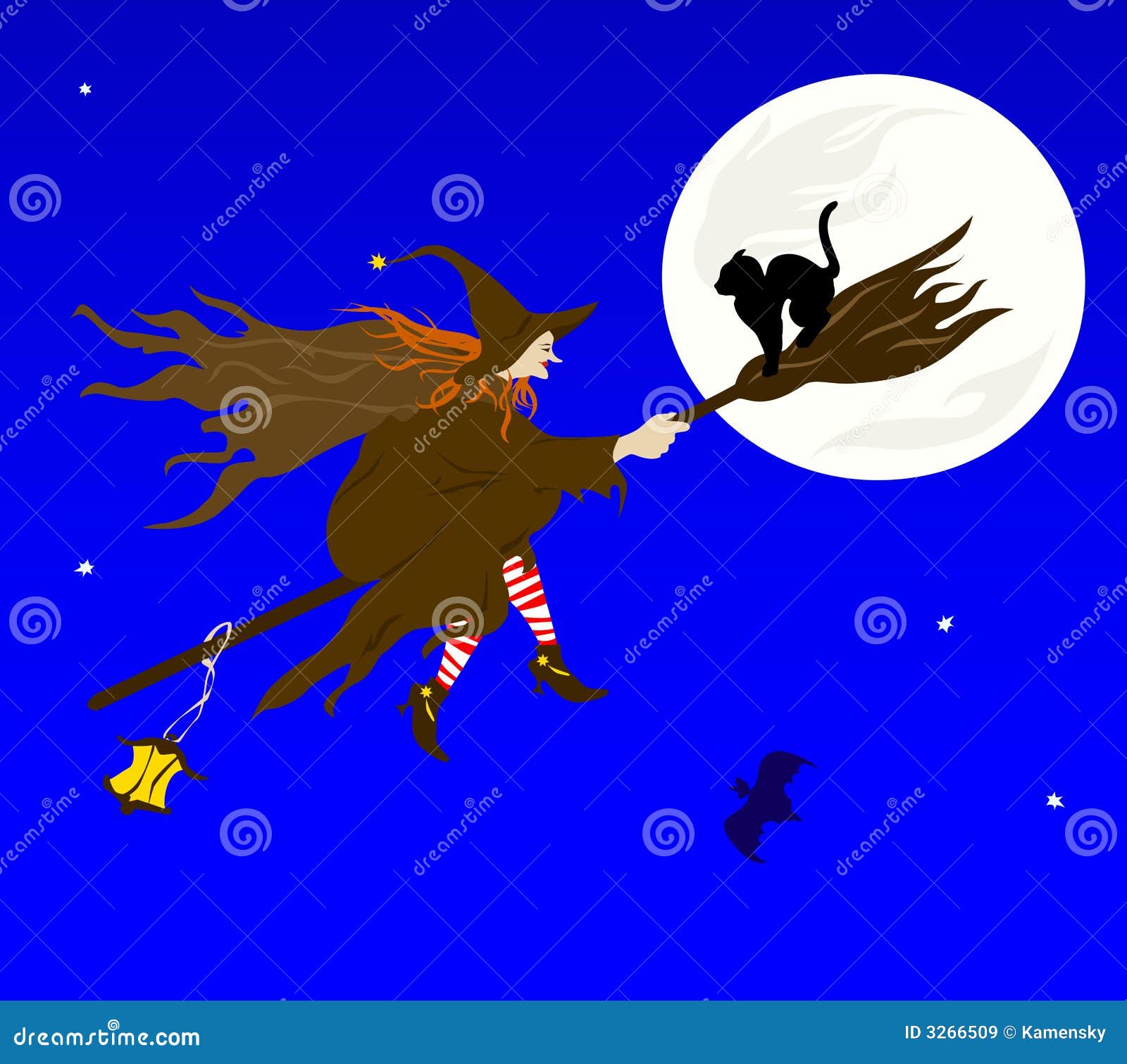 Flying Witch and Black Cat stock vector. Illustration of blue - 3266509
