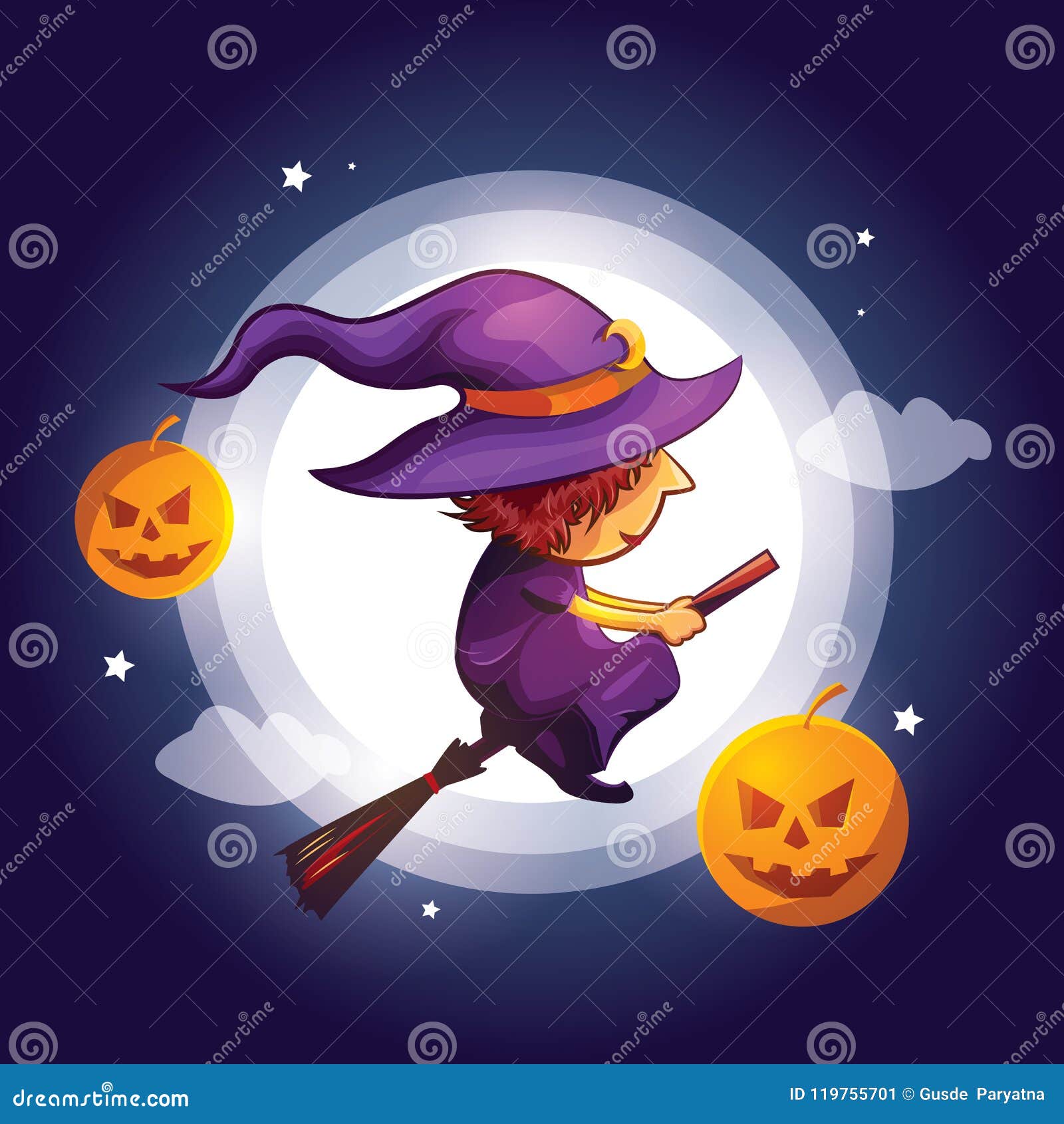 Flying wizard stock vector. Illustration of cloud, purple - 119755701