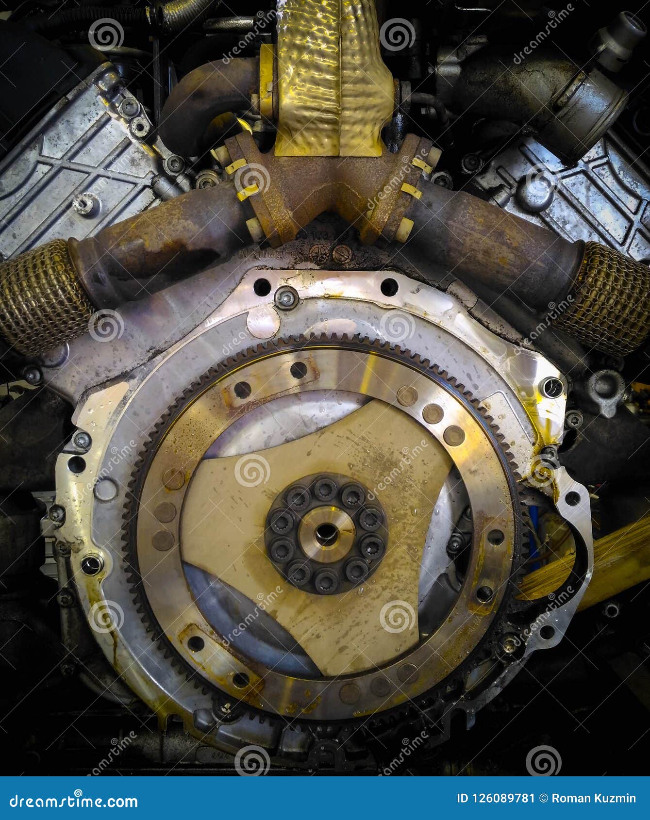 Flywheel and Manifold of Powerful V-shaped Engine Stock Image - Image ...