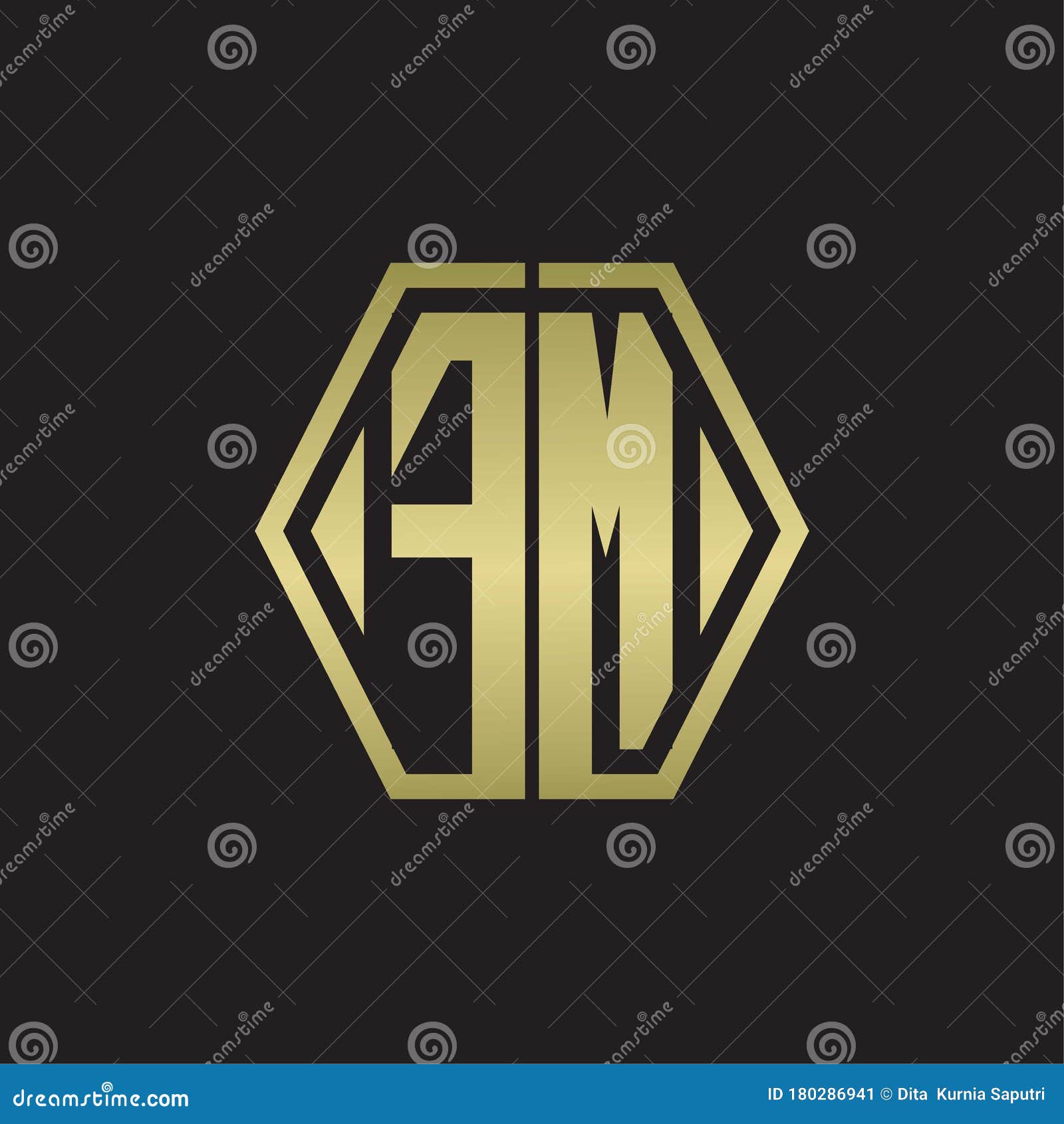 FM Logo Monogram with Hexagon Line Rounded Design Template with Gold ...