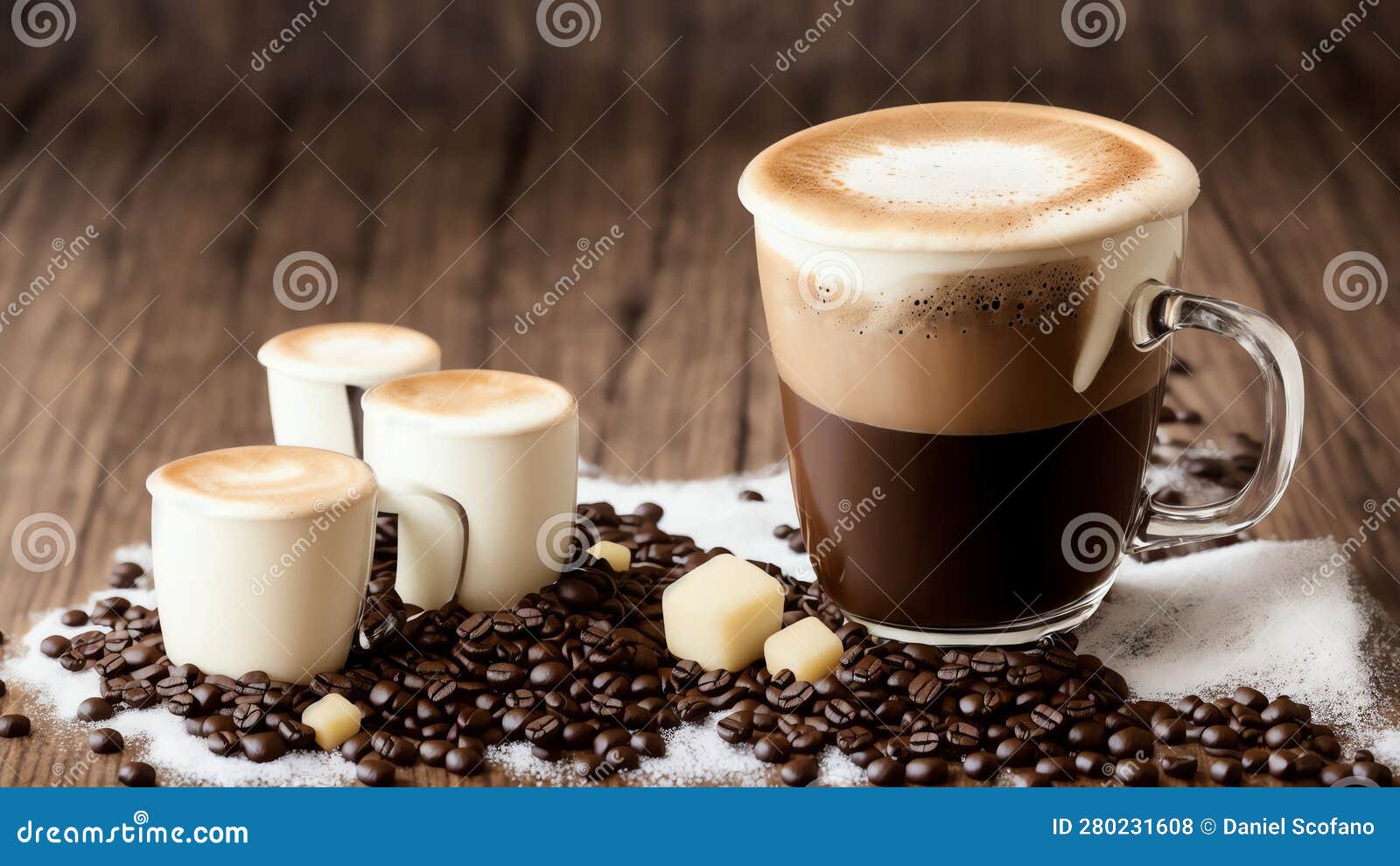Foamy Coffee with Dropped Sugar Cubes. Generative AI Stock Illustration ...