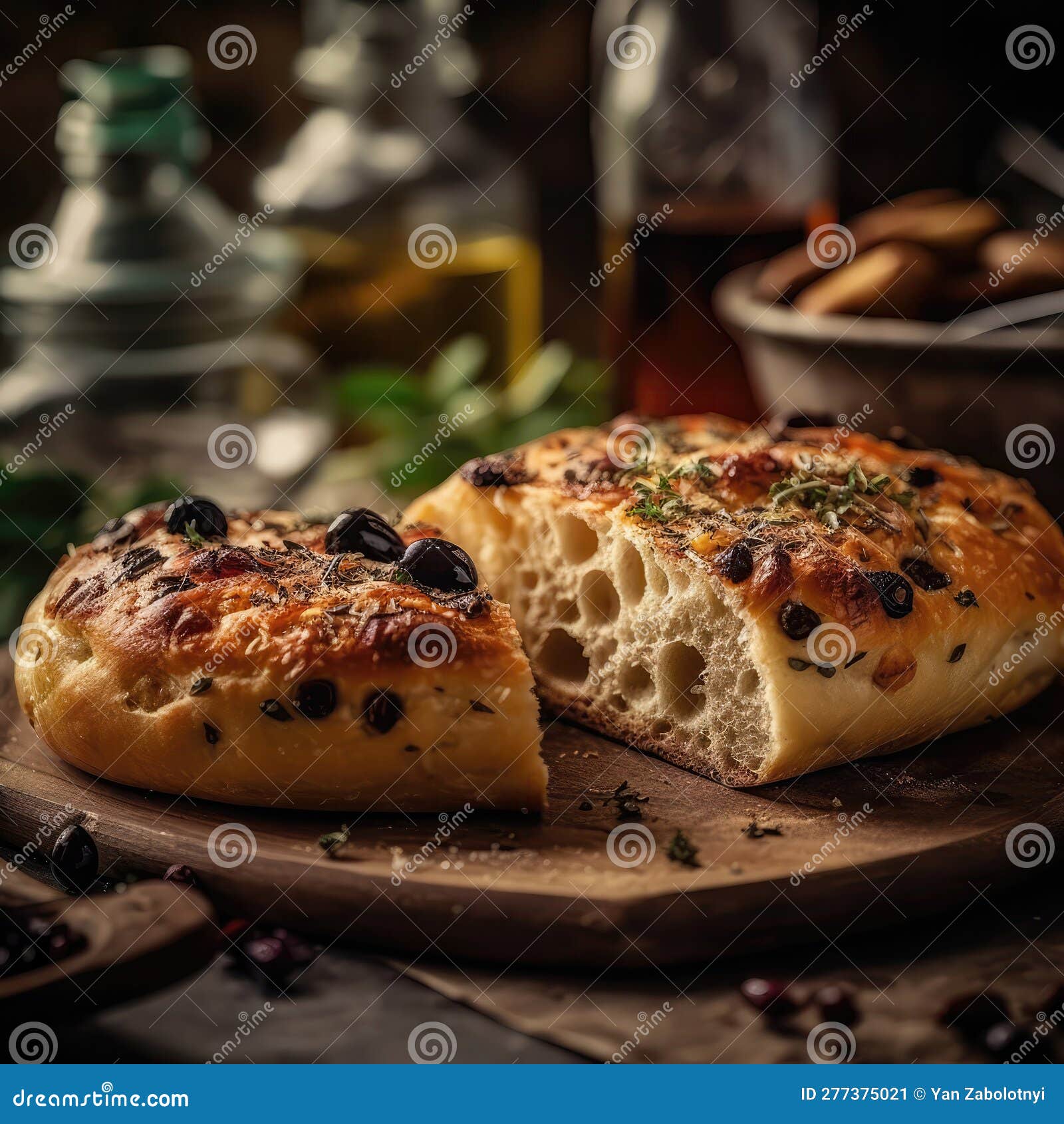 Focaccia Bread on Stone in Rustic Pub. Generative AI Stock Illustration ...