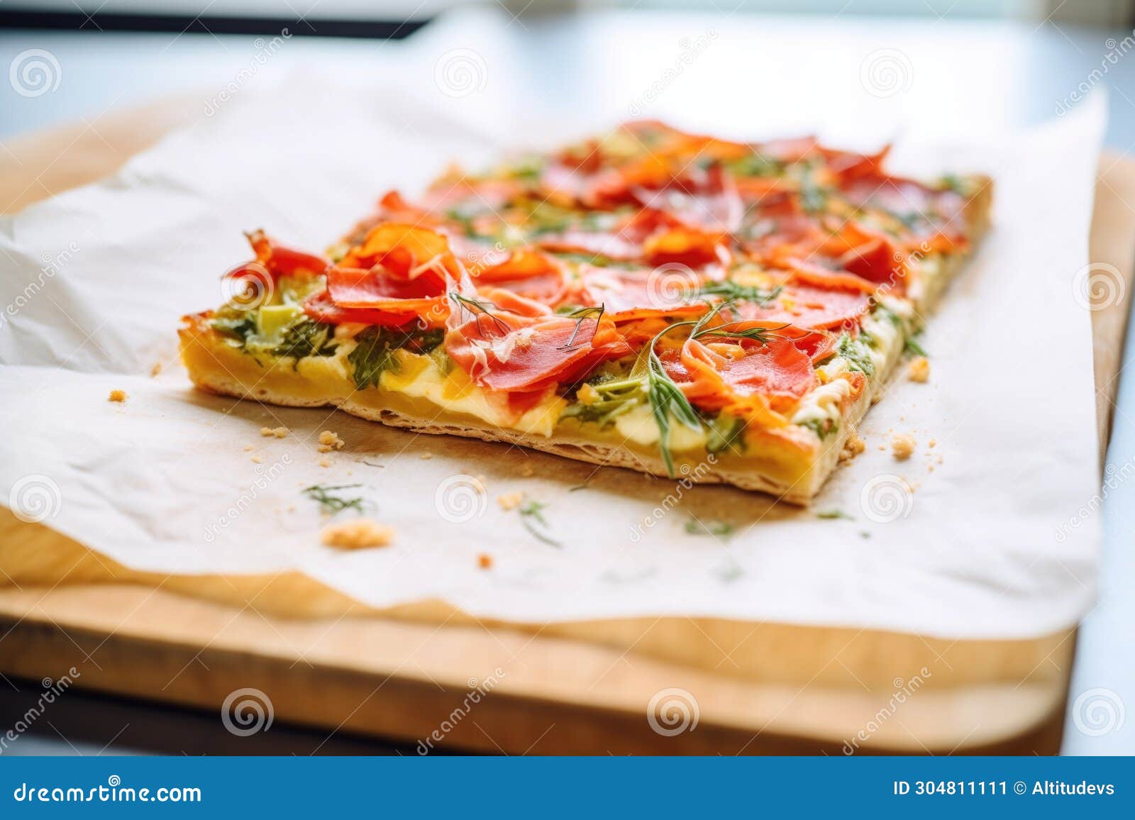 Focaccia Style Thick Pizza Slice on Parchment Paper Stock Image - Image ...