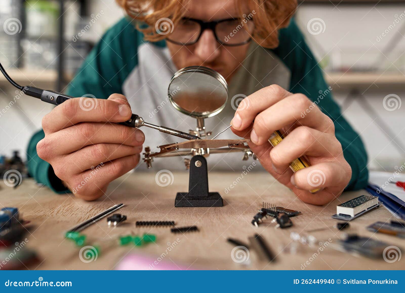 Focus of Blur Male Technician Soldering Microchip Stock Photo - Image ...