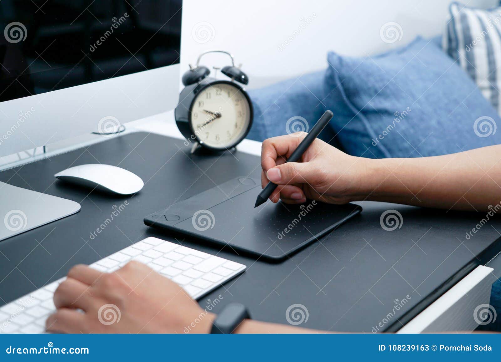 Focus on the Busy Graphic Designer Working on Computer by Digital Pen ...