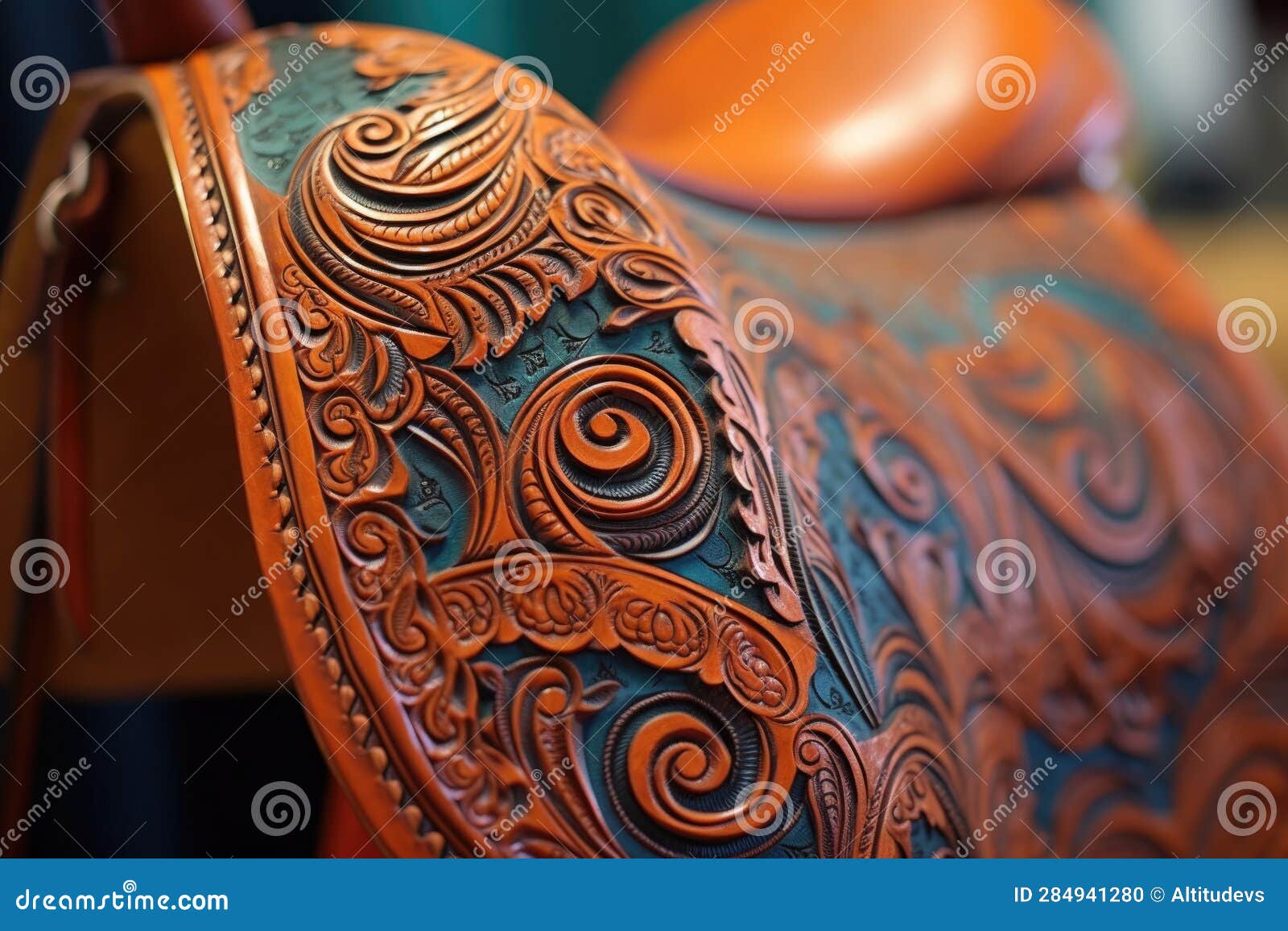 Focus on Carved Leather Artwork on a Saddle Stock Illustration - Illustration of western ...