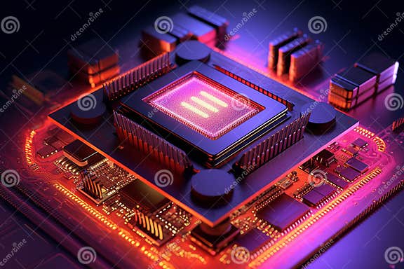 Focus on a Central Processing Unit Chip with Neon Light and Electronic ...
