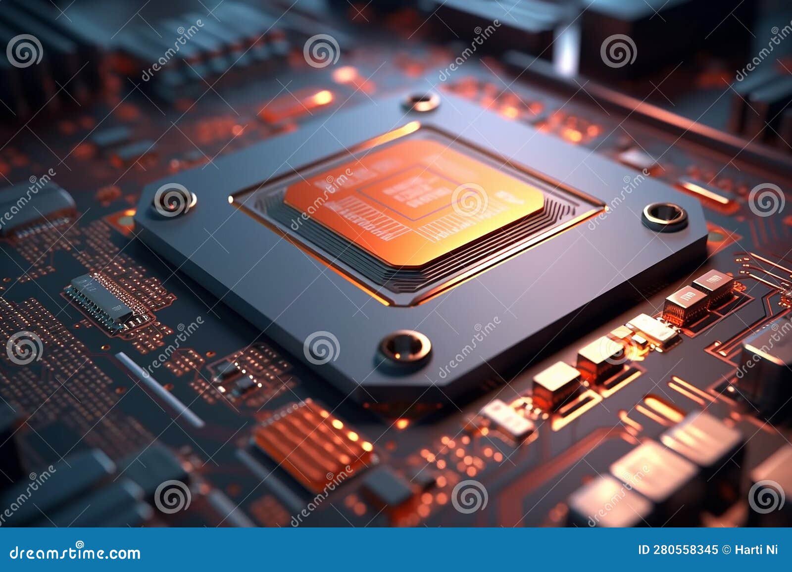 Focus on a Central Processing Unit Microchip with Motherboard Component ...