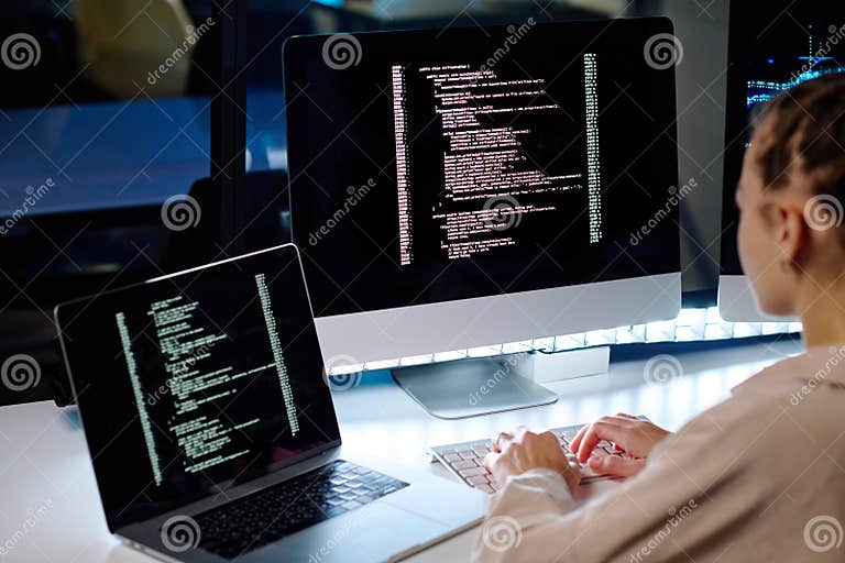 Focus on Computer Screen with Coded Data while it Engineer Working in Front Stock Photo - Image ...