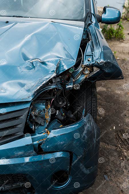 Focus of Crashed Blue Auto after Car Accident Stock Photo - Image of ...