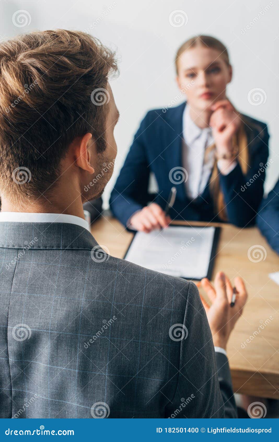 Focus of Employee Sitting at Table during Job Interview in Office Stock ...