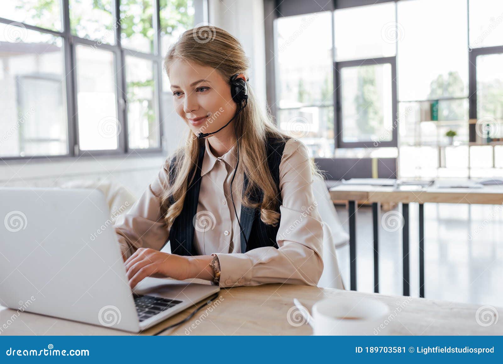 Focus of Happy Operator in Headset Stock Image - Image of adult ...