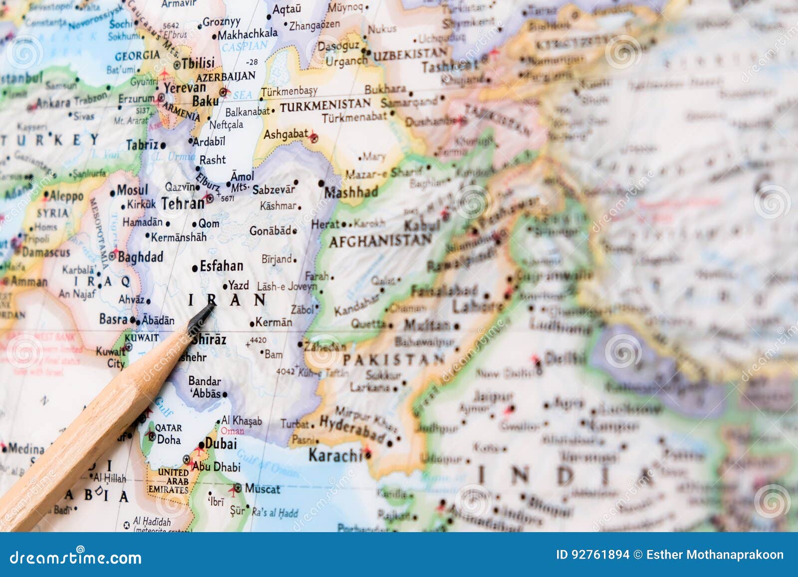 Focus on IRAN on the World Map with Pencil Pointing Stock Photo - Image ...