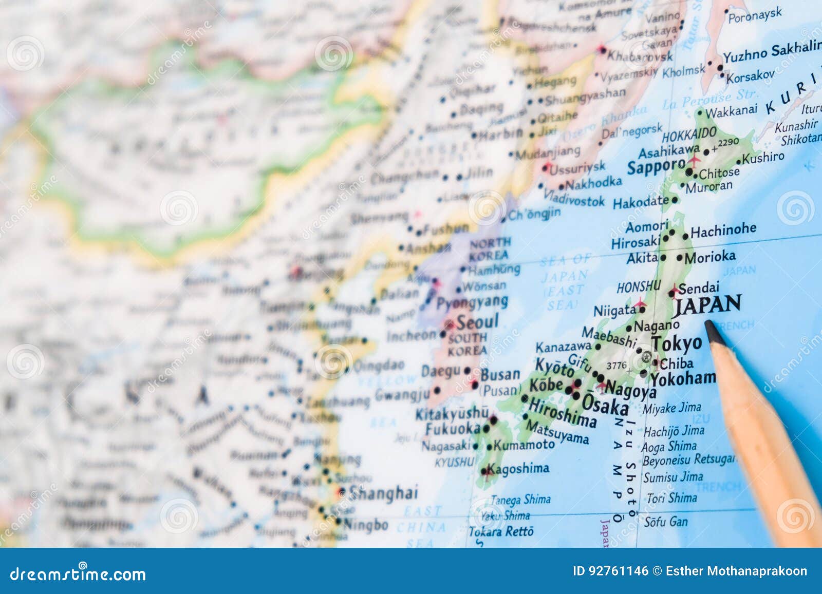 Focus on JAPAN on the World Map with Pencil Pointing Stock Photo ...