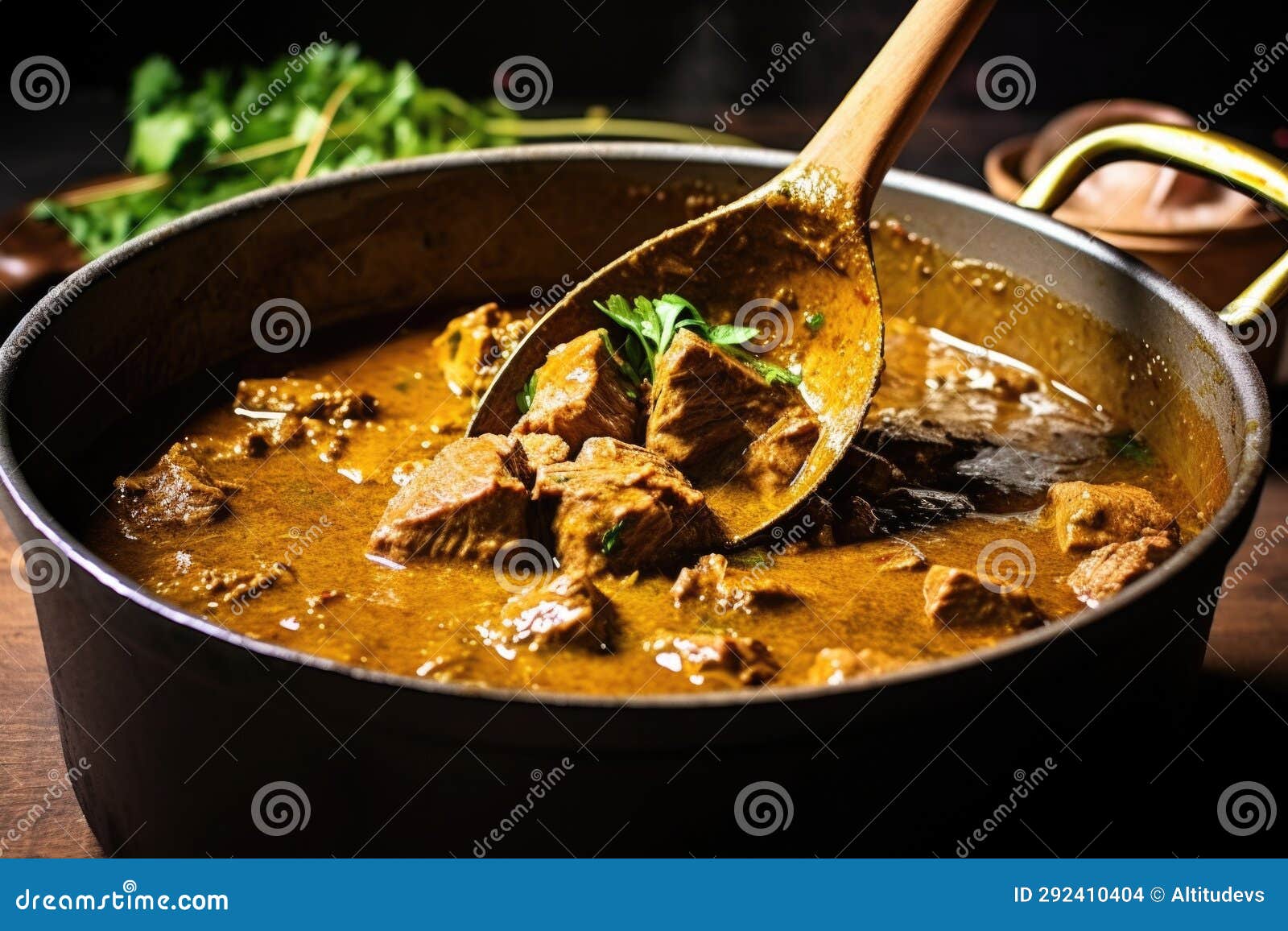 Focus on a Ladle Scooping Up Big Chunks of Beef Curry Stock Photo ...