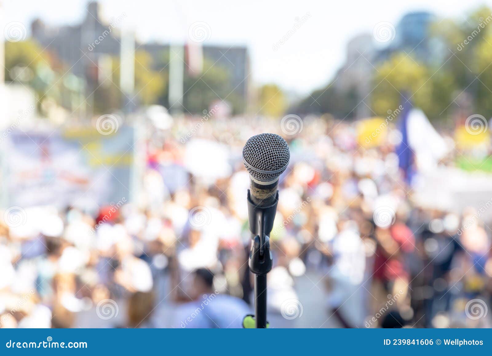 Protest or Public Demonstration, Focus on Microphone, Blurred Crowd of ...